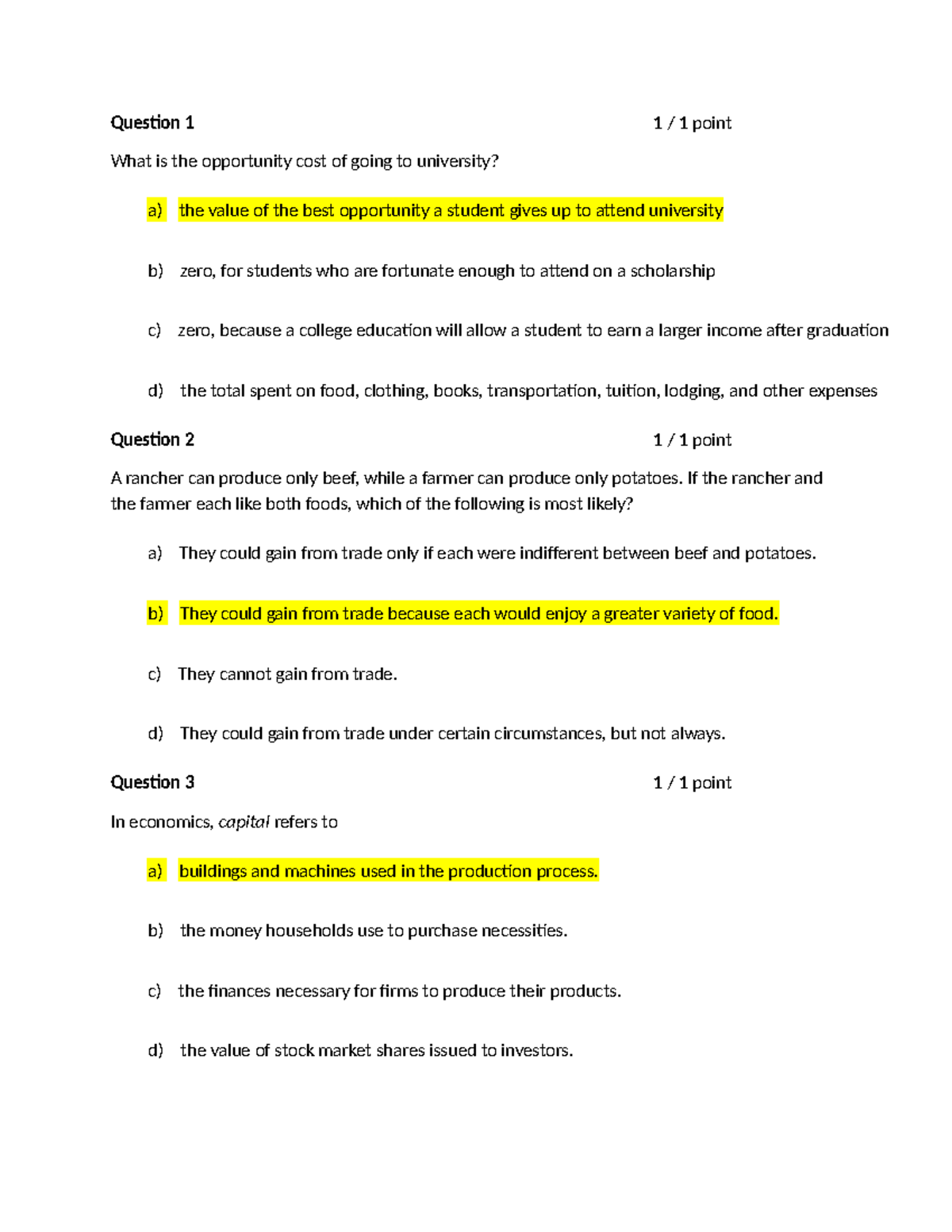 Quiz 1: Opportunity Cost and Economic Principles (Chapters 1-3) - Studocu