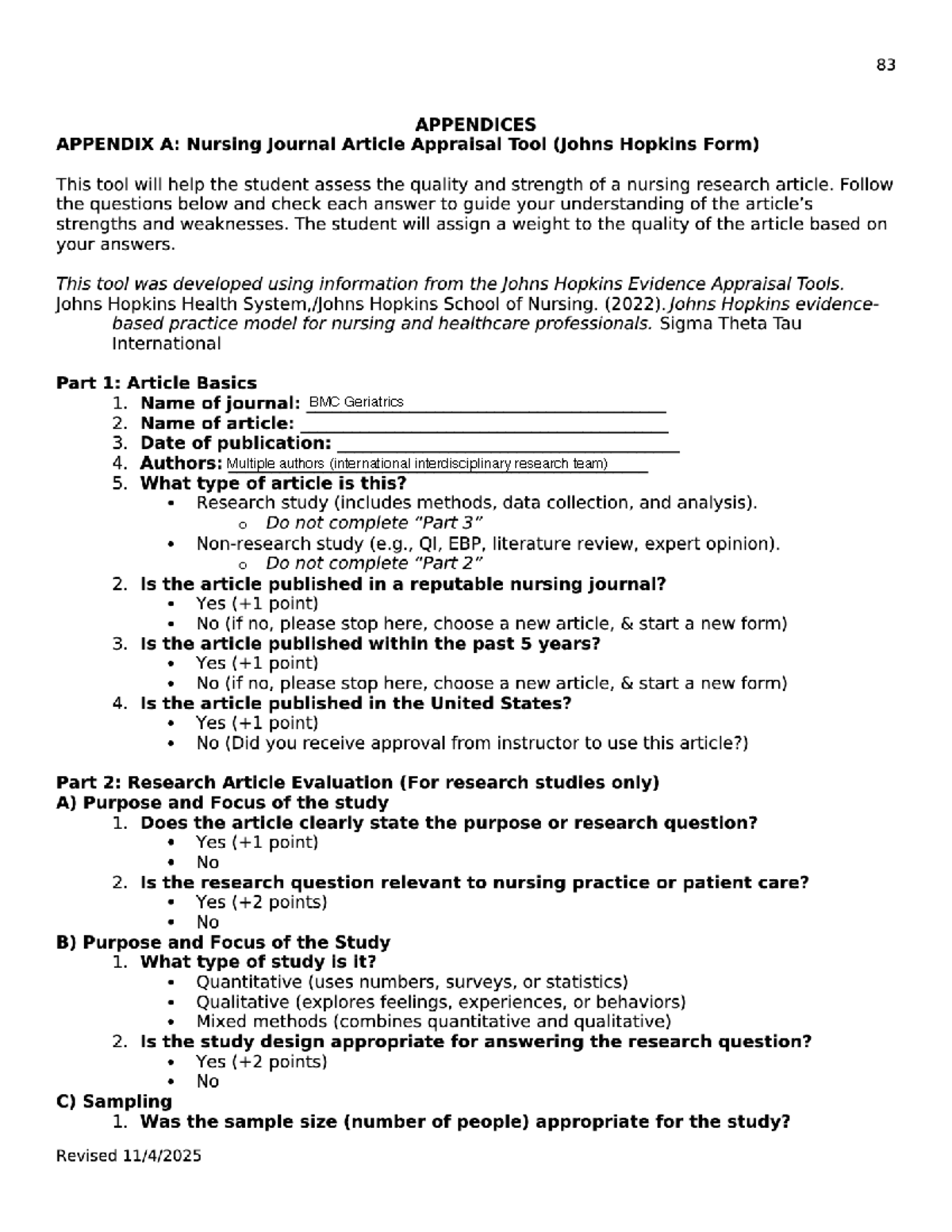 Johns Hopkins Form - Guide - NUR101 - Studocu