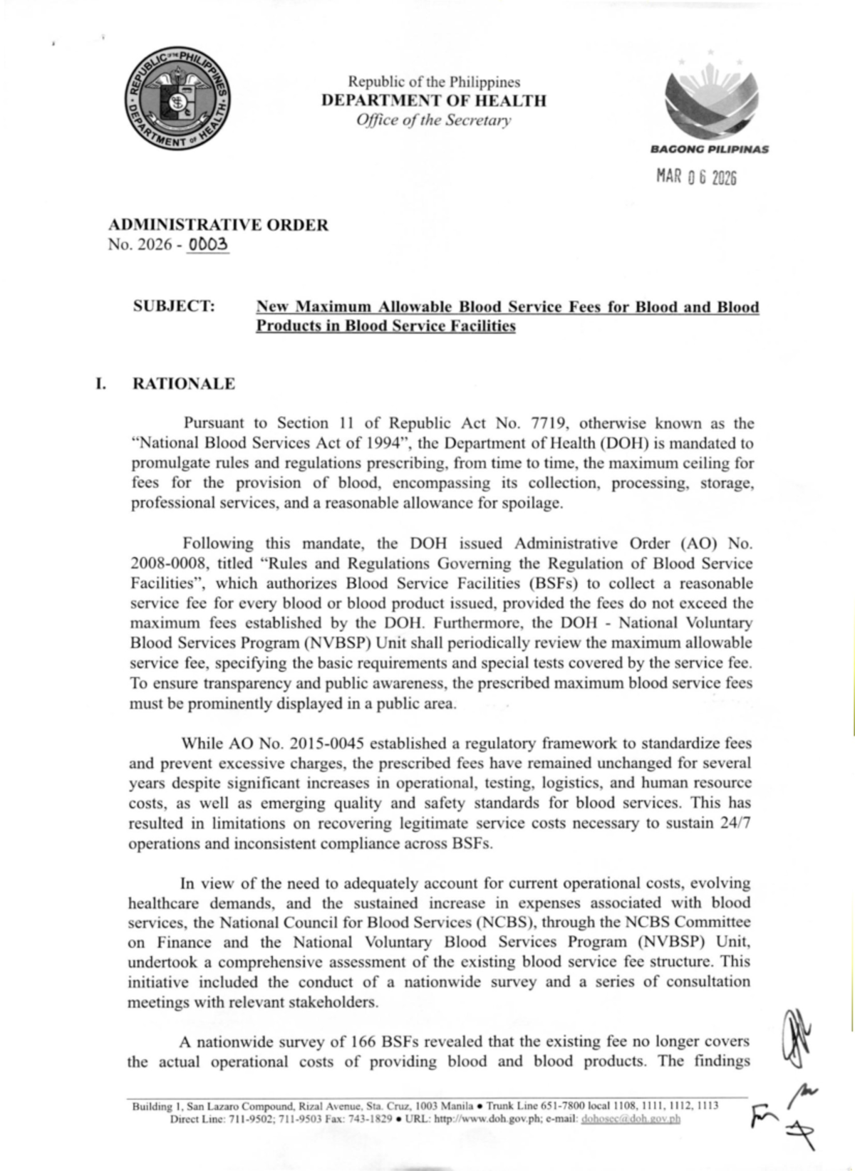 AO 2026-0003: Revised Max Allowable Blood Service Fees in PH - Studocu