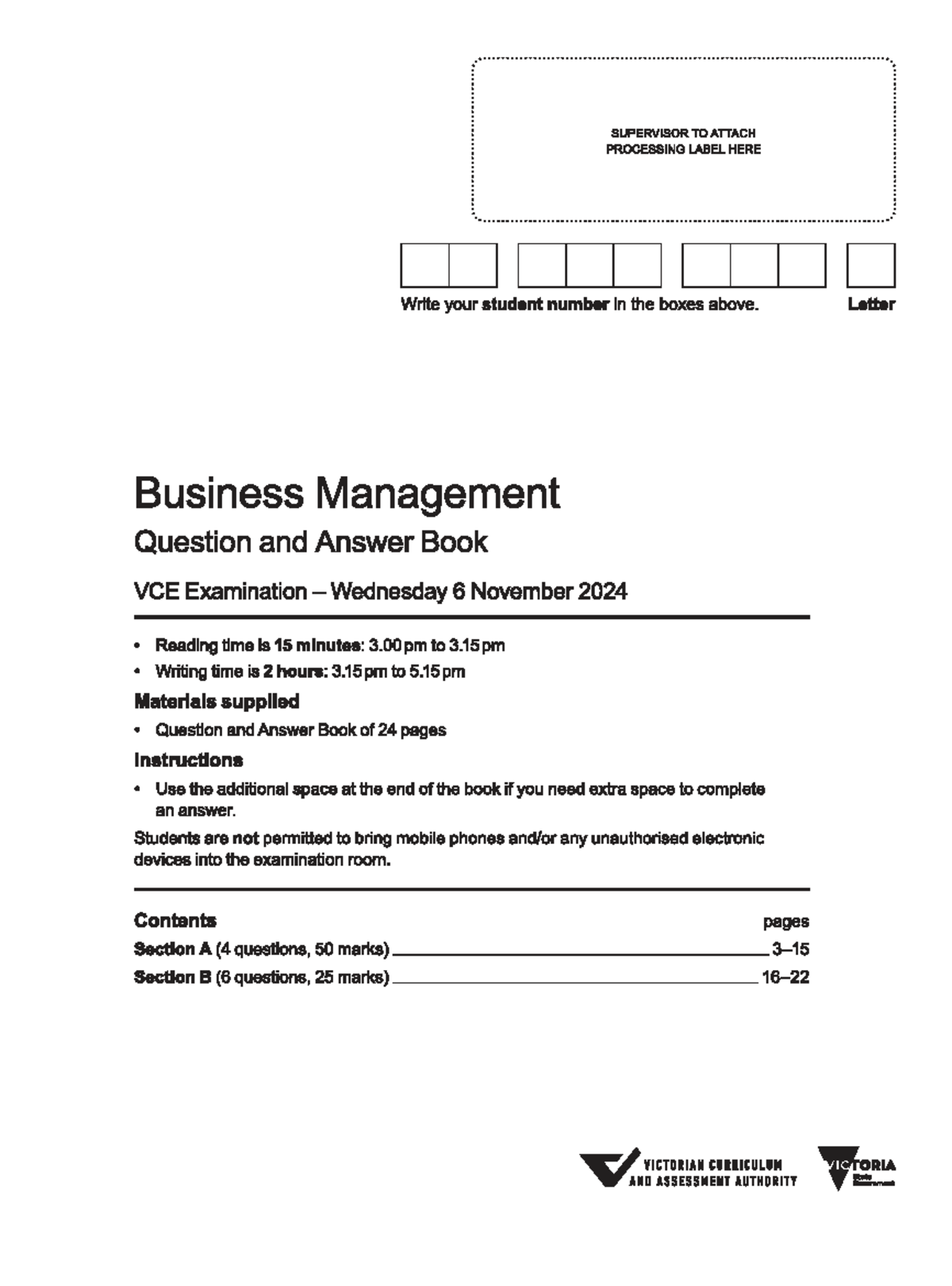 2024 VCE Business Management Exam: Question & Answer Booklet - Studocu