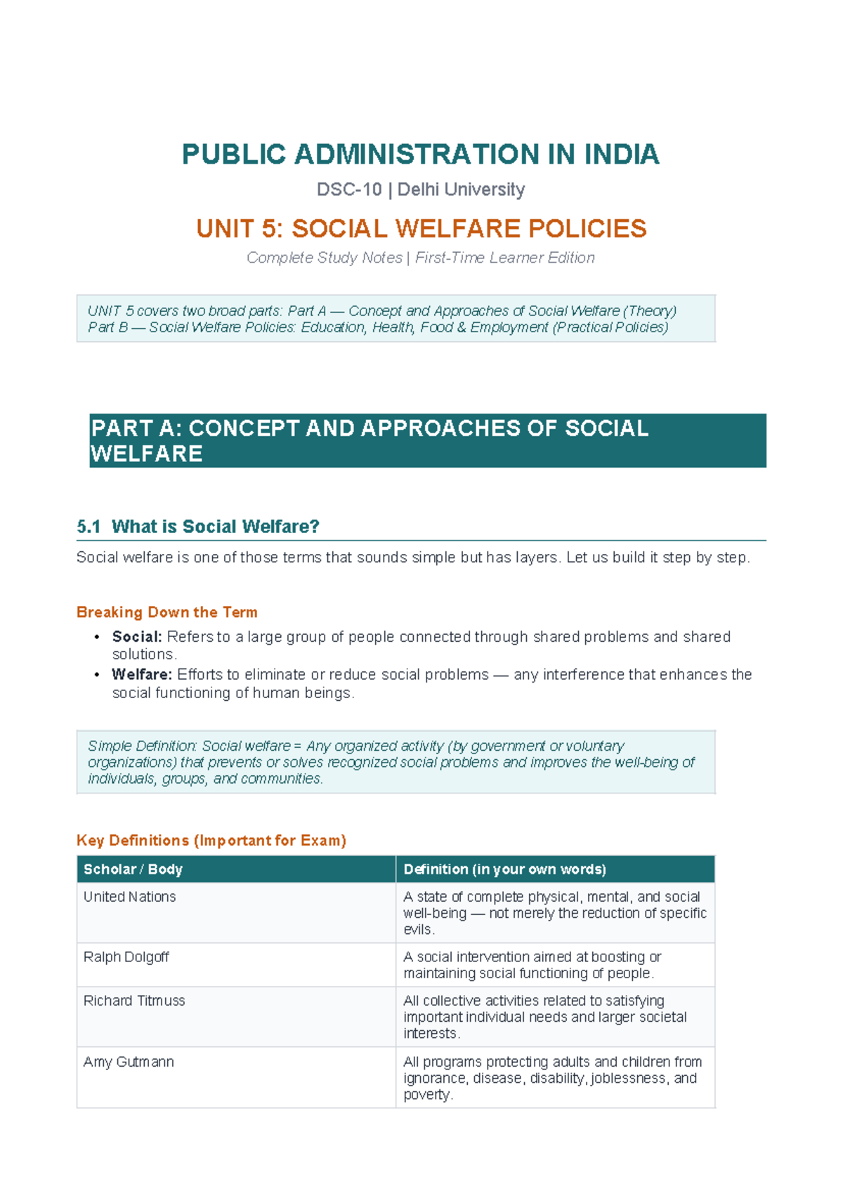 Unit 5: Social Welfare Policies - Complete Study Notes (DU) - Studocu