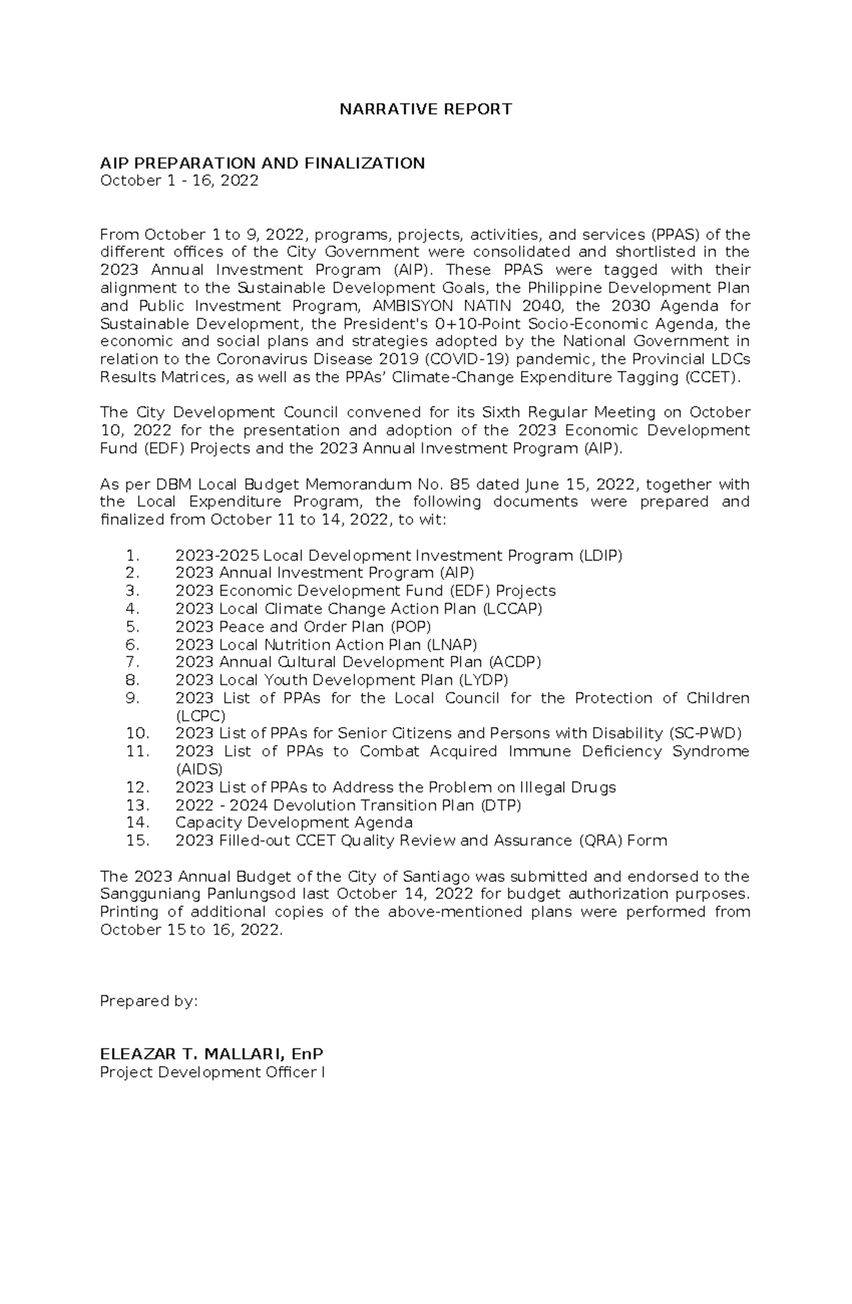Narrative Report - CBMS 2022 and Annual Budget 2023 October - AIP PREPARATION AND FINALIZATION ...