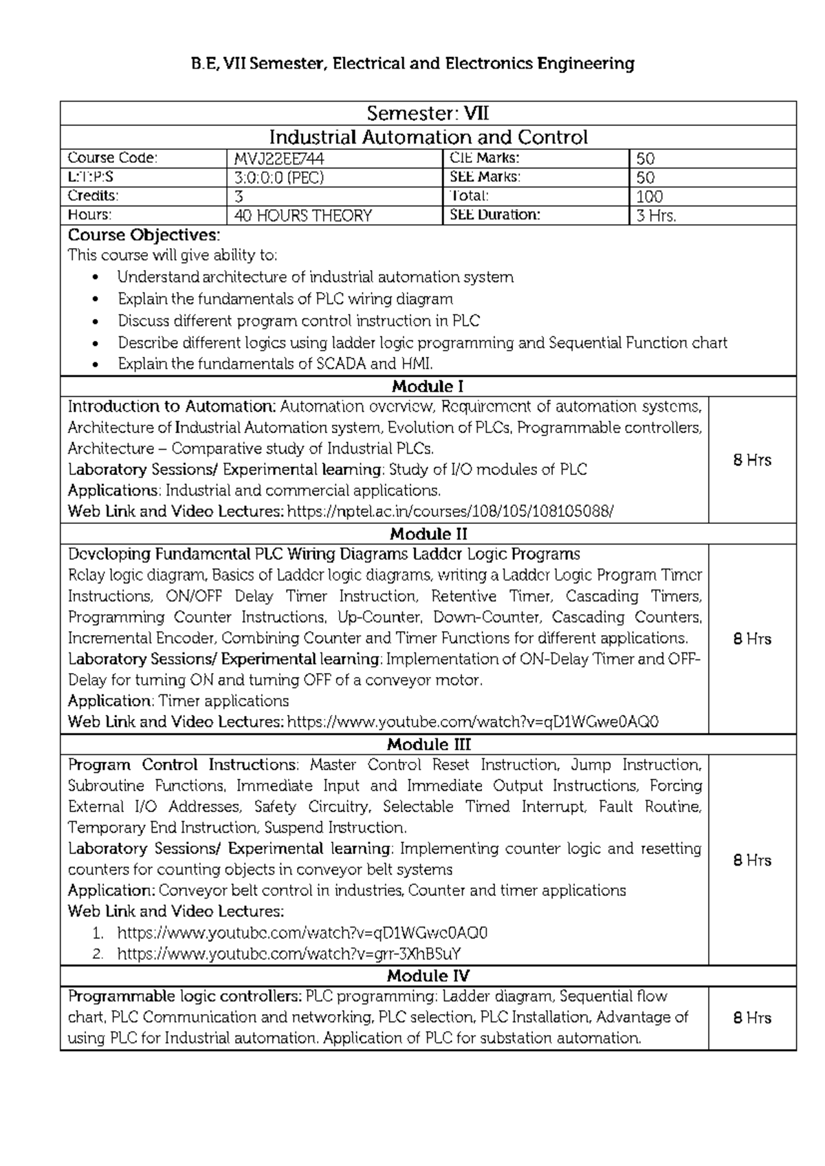 MVJ22EE744 Industrial Automation and Control Course Overview - Studocu