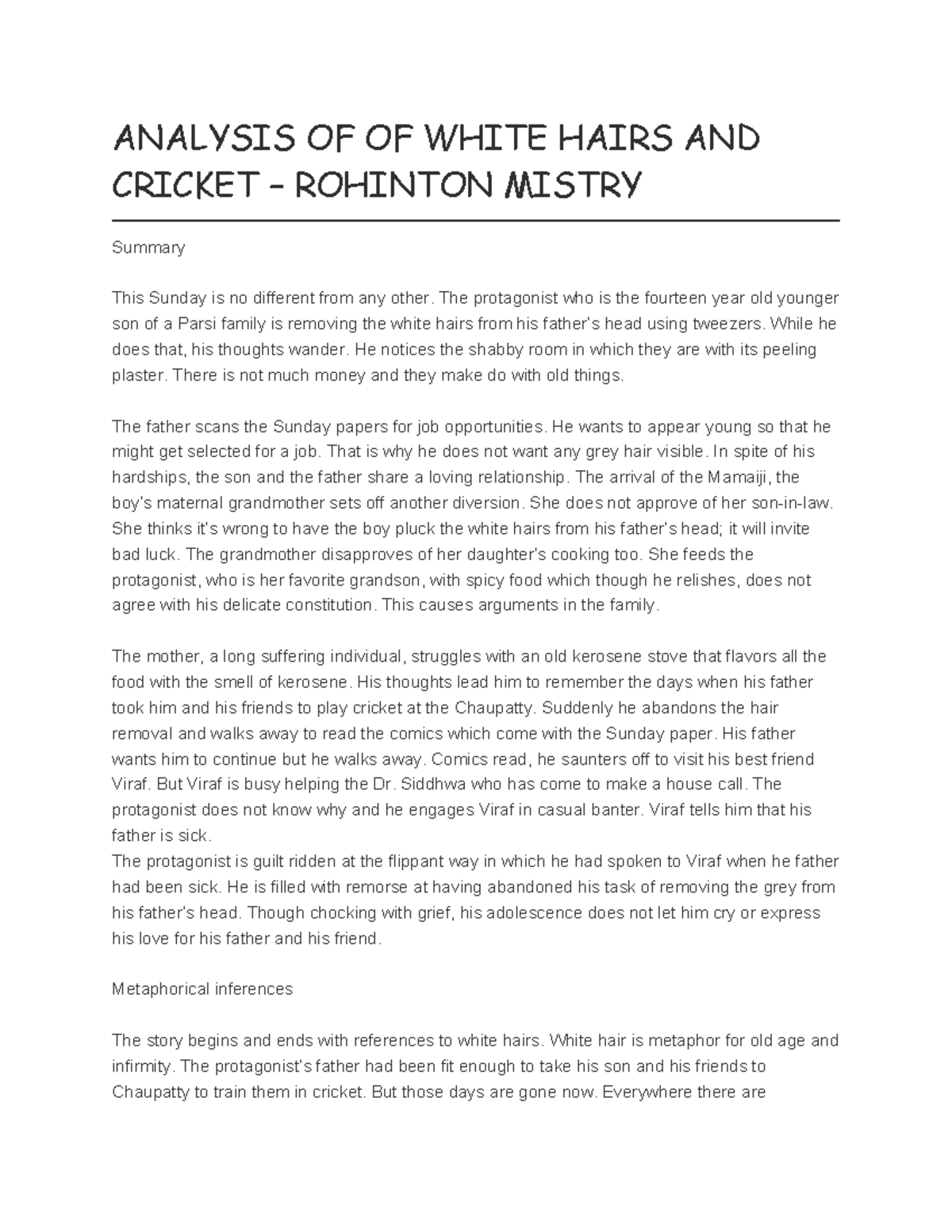 554888494 Analysis of "Of White Hairs and Cricket" by Rohinton Mistry ...