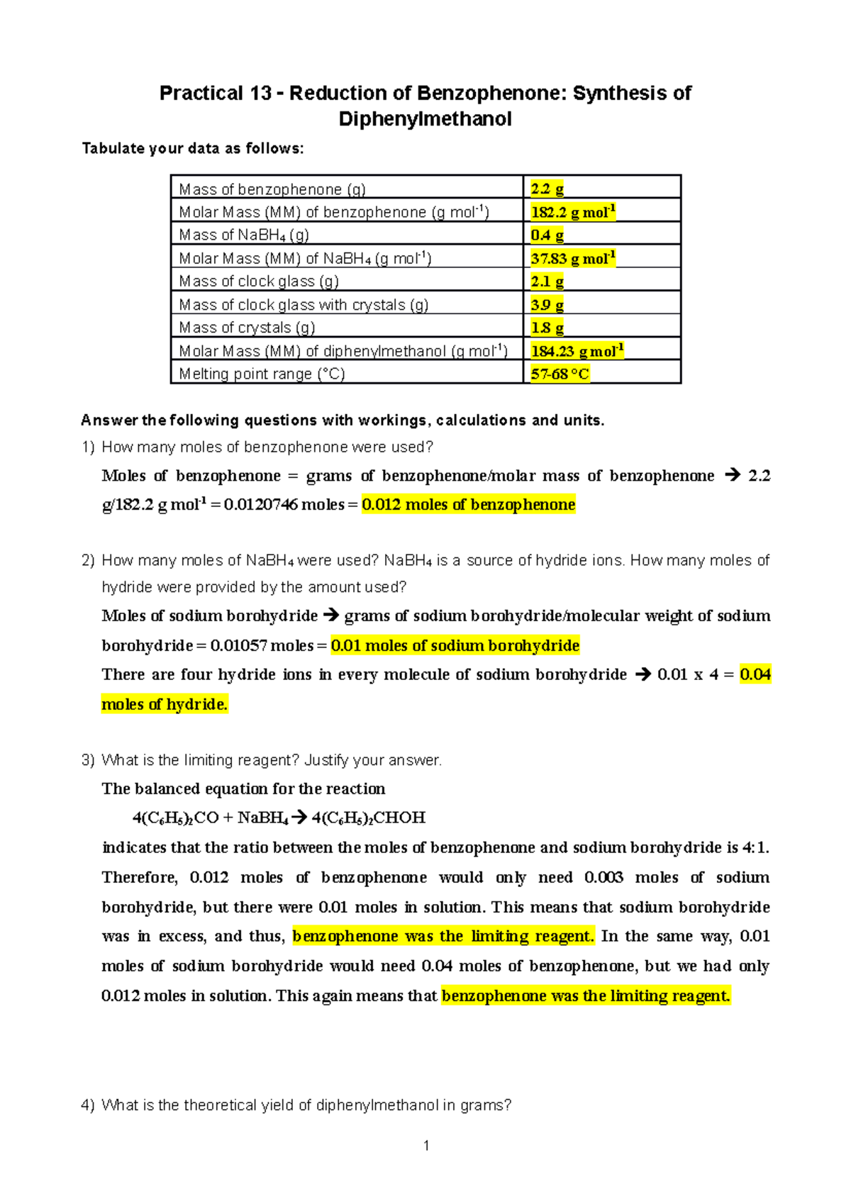 Practical 13: Synthesis of Diphenylmethanol from Benzophenone - Studocu