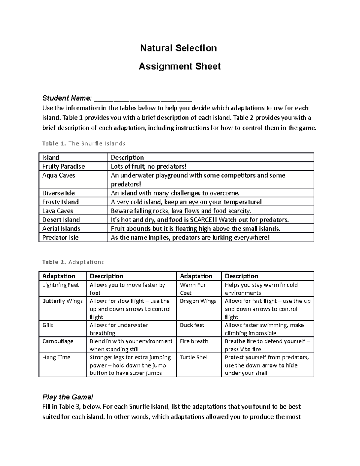 Natural Selection Assignment (BIOL 101) - Adaptations for Snurfle ...