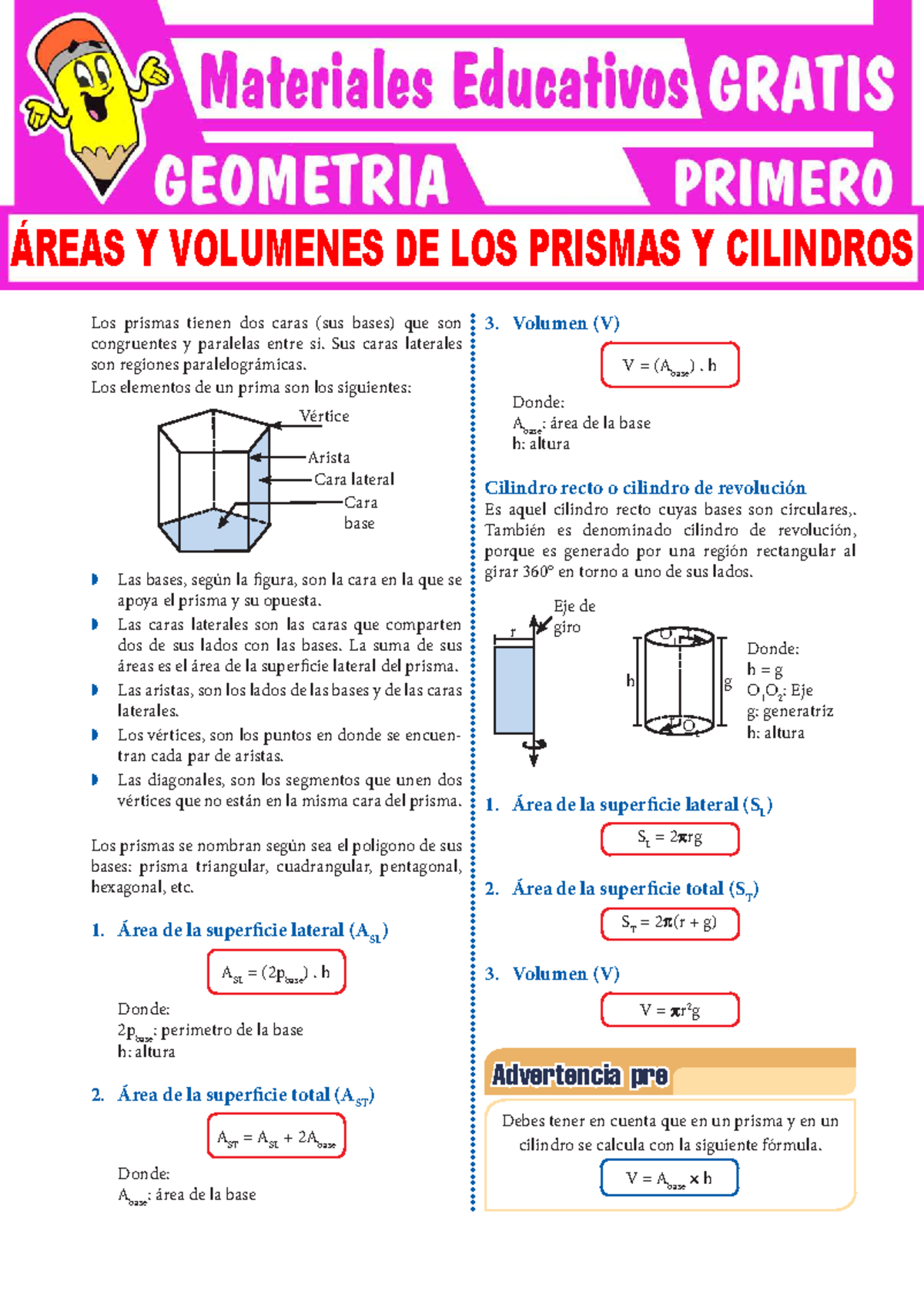 Áreas y Volúmenes de Prismas y Cilindros - 1er Grado Secundaria - Studocu