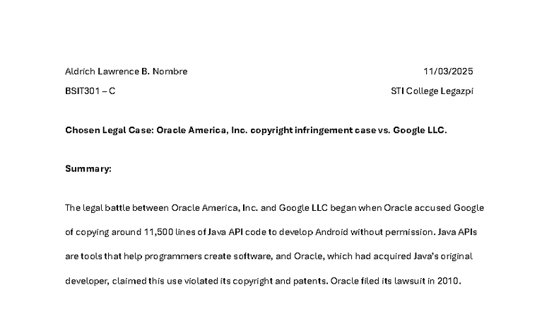 BSIT301 C - Oracle vs. Google: A Copyright Infringement Case Summary ...