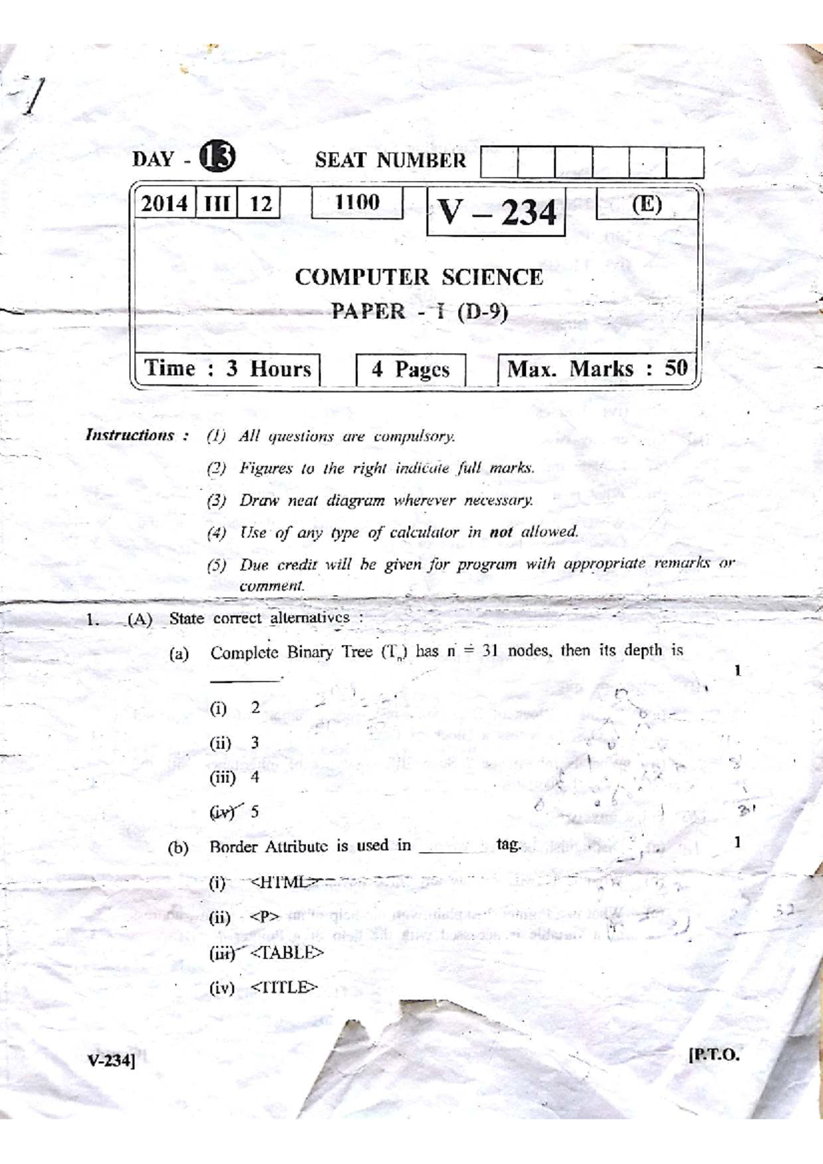 CS Paper-1 2014: Computer Science Final Exam Questions - Studocu