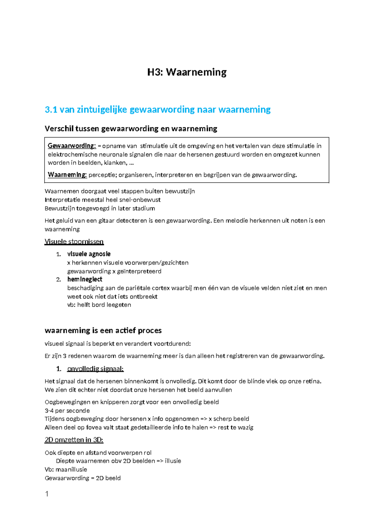 Algemene Psychologie H3: Van Gewaarwording naar Waarneming - Studocu