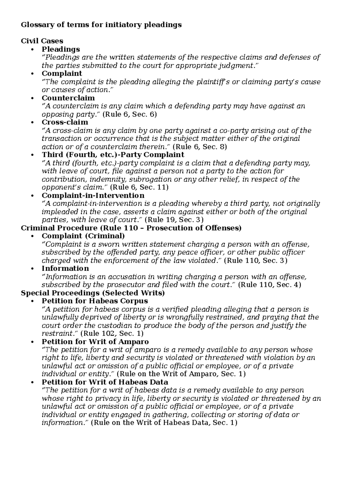 Glossary of Terms for Initiatory Pleadings in Civil Cases - Studocu