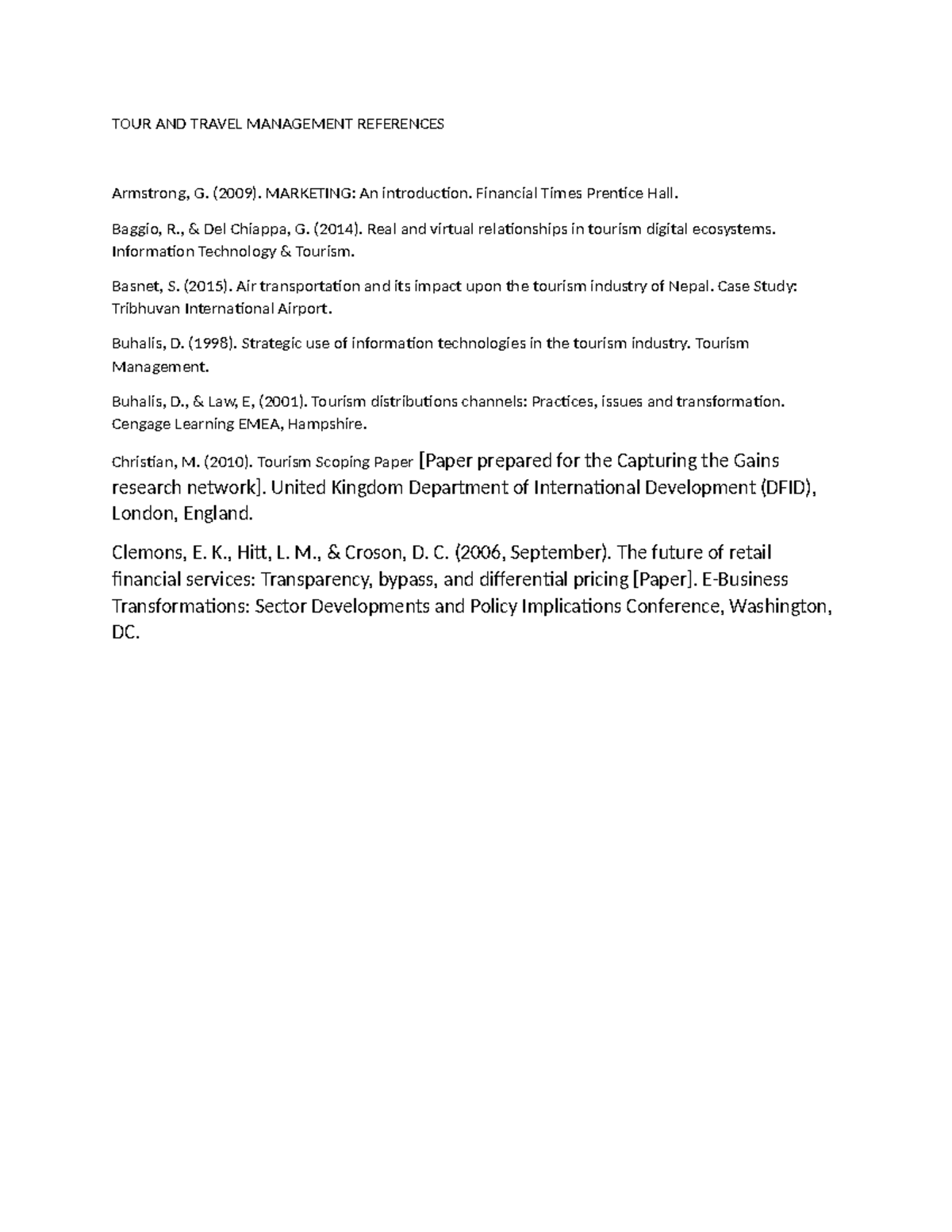 TOUR AND TRAVEL MANAGEMENT REFERENCES: Key Sources and Insights - Studocu