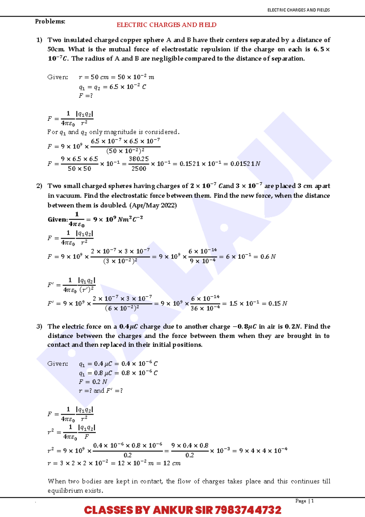Physics numerical problems board exams chap- BALAJI . Page | 1 Problems: 1) Two insulated ...