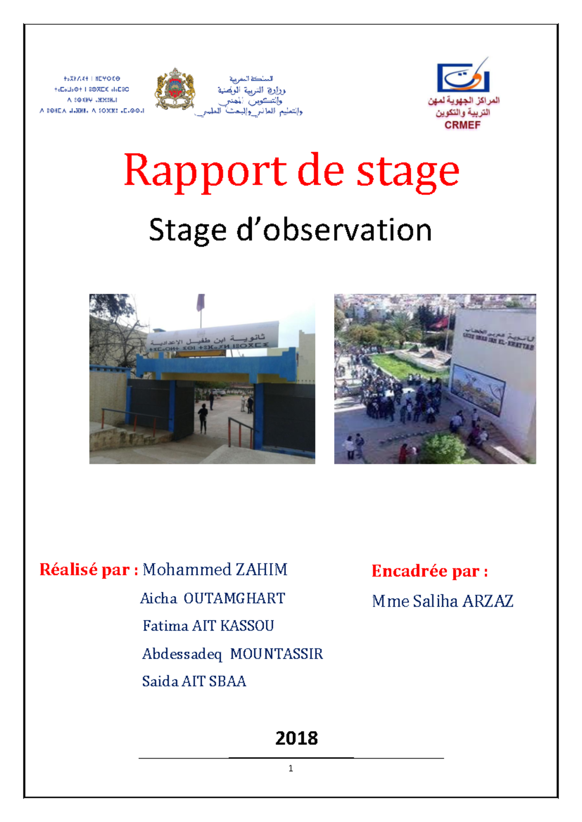 Rapport de Stage d'Observation au CRMEF II - 2018 - Studocu