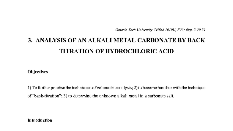 Ontario Tech University CHEM 1010U, Exp. 3: Back Titration of Alkali ...