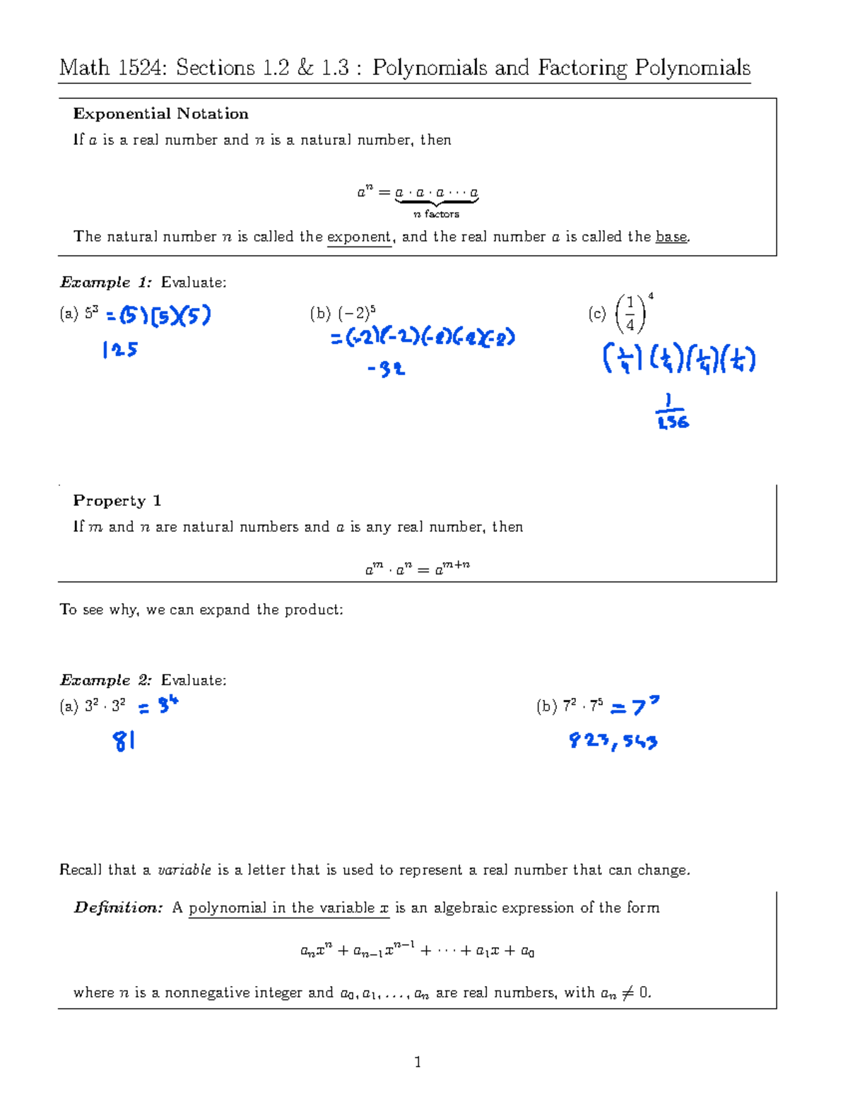 Math 1524: Polynomials and Factoring - Sections 1.2 & 1.3 Notes - Studocu