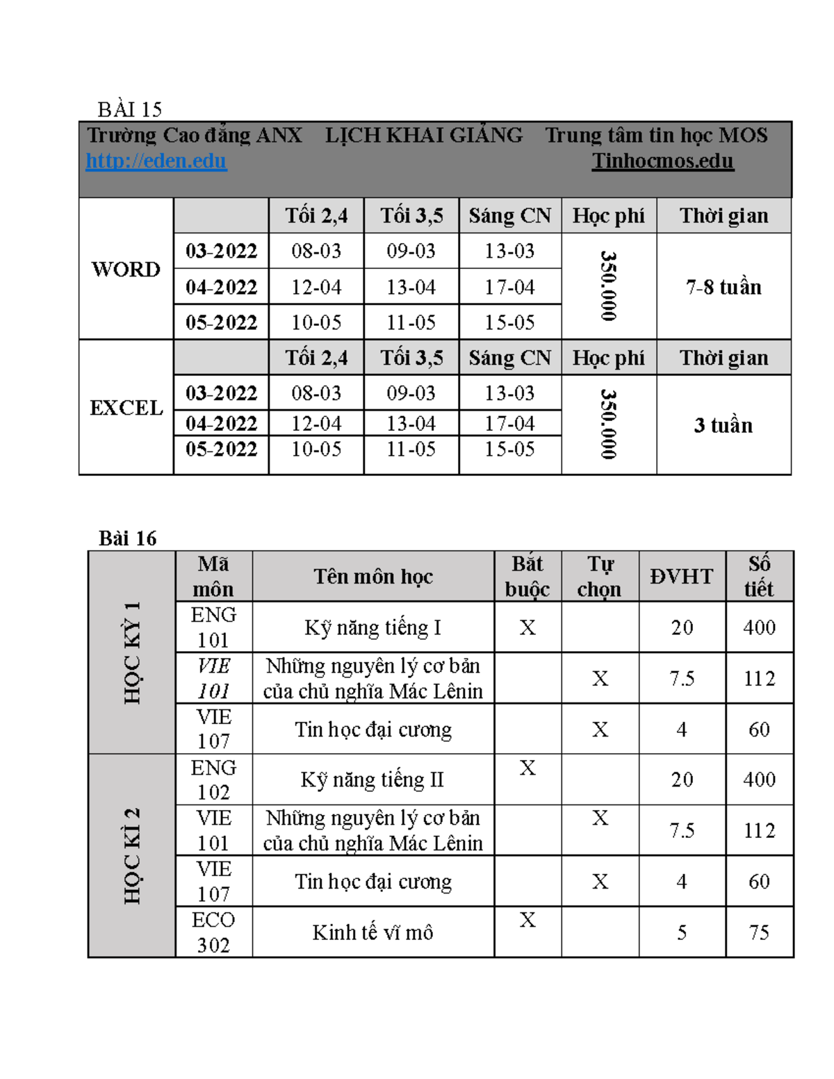 BÀI 15: Lịch Khai Giảng và Môn Học Tại Trường Cao Đẳng ANX - Studocu