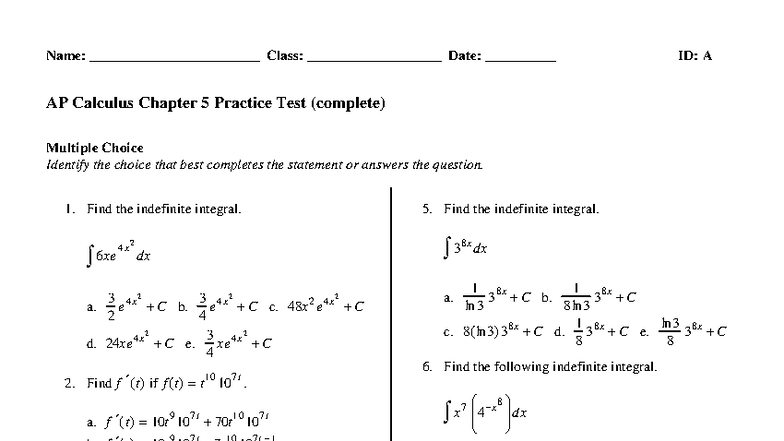 AP Calculus AB Chapter 5 Complete Practice Test - Studocu