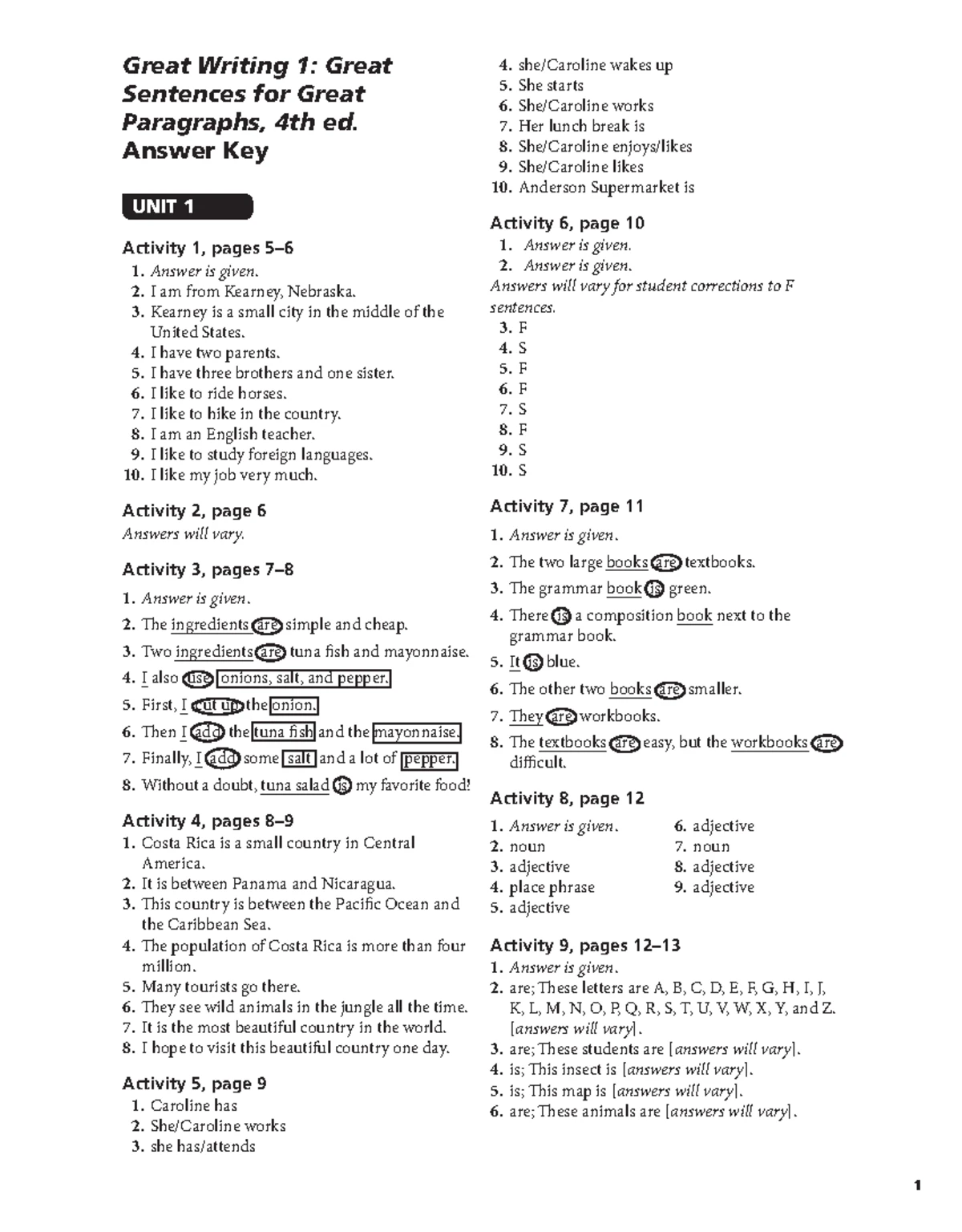 Great writing 1 (4ed) answer key - 1 Great Writing 1: Great Sentences ...