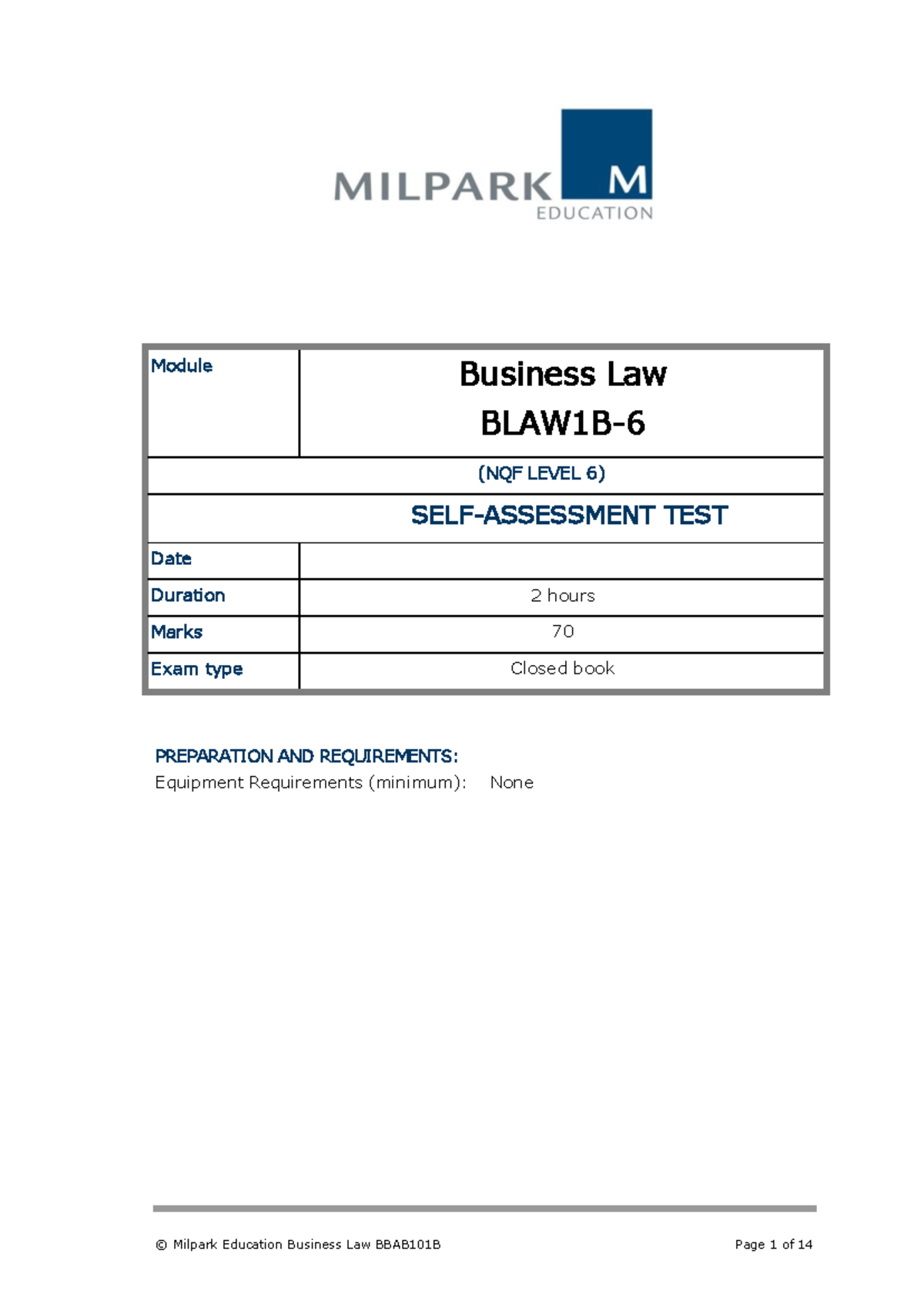 BBA BLAW1B SAT S2 2015 - SELF-ASSESSMENT - © Milpark Education Business ...