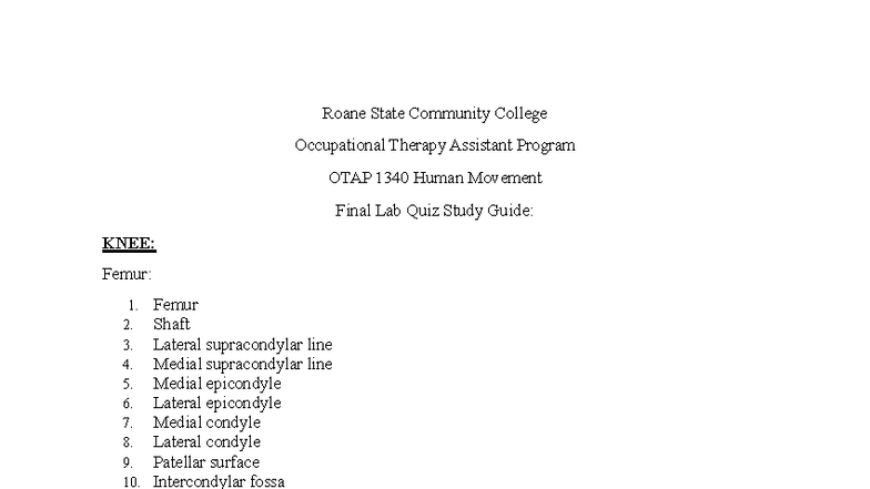 OTAP 1340 Human Movement Final Lab Quiz Study Guide - Studocu