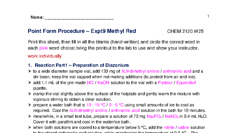 Point Form Procedure for Expt 9: Methyl Red CHEM 2120 W25 - Studocu