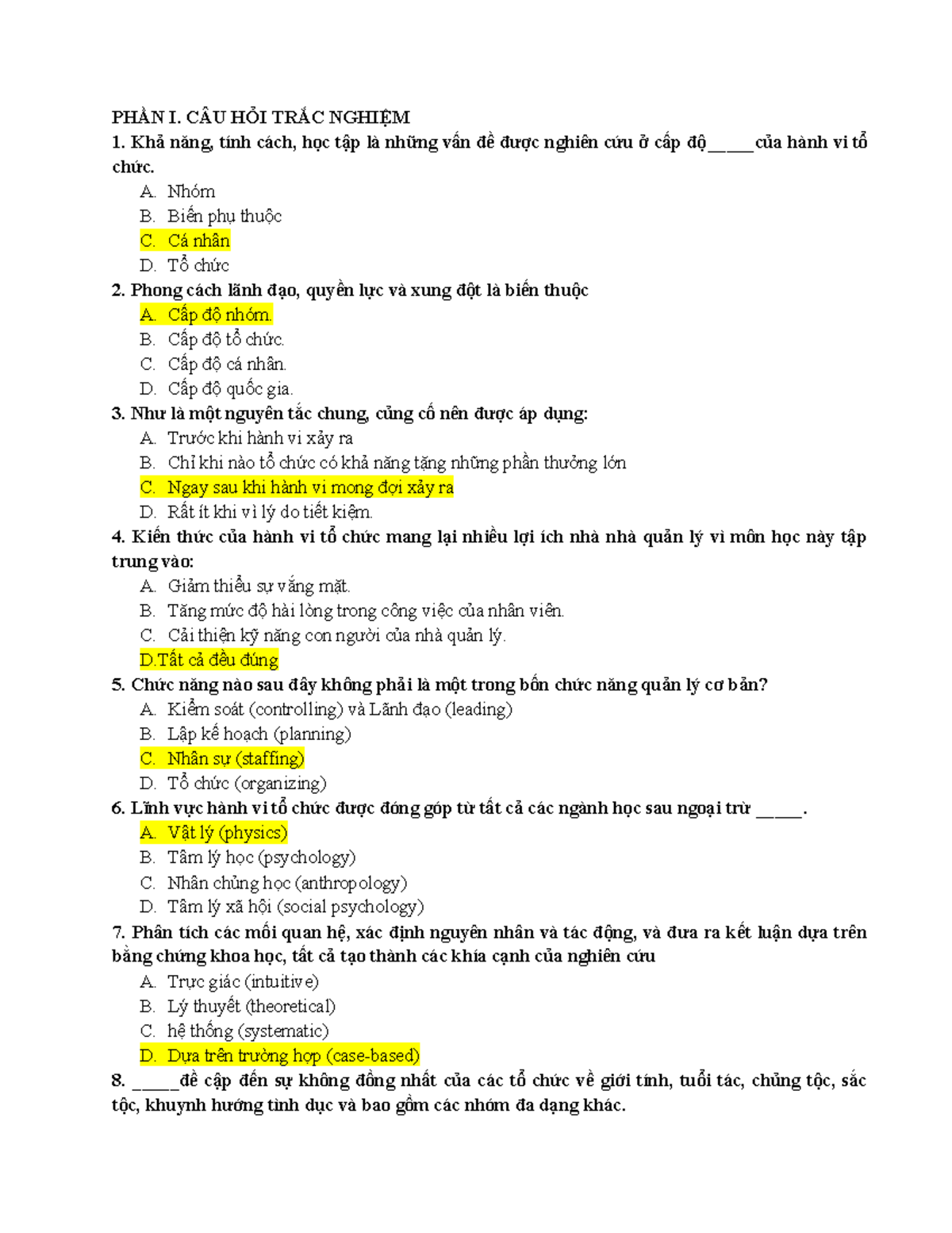 Hành vi Tổ chức - Câu hỏi Trắc nghiệm TQHV - Studocu