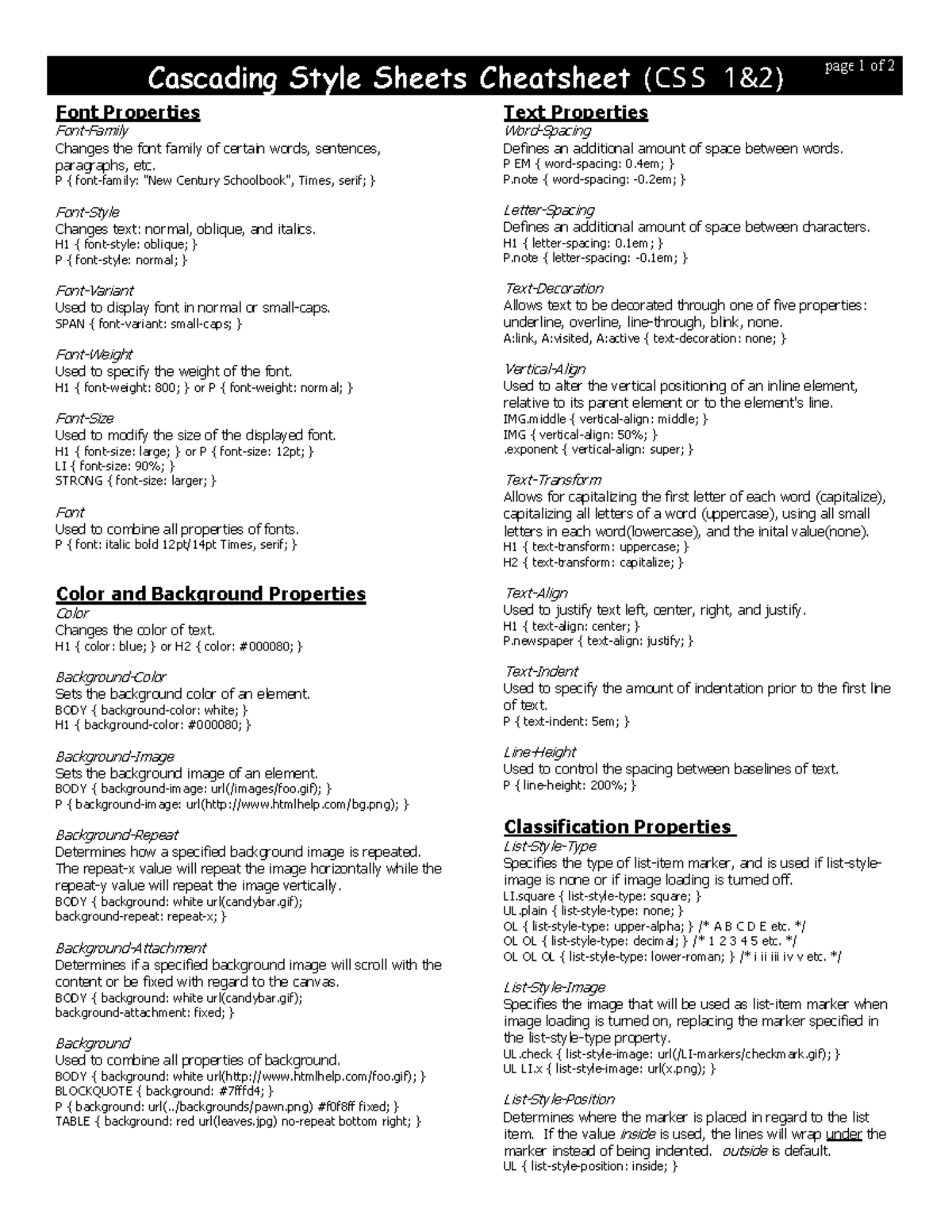 CSS Cheat Sheet: Font & Background Properties Overview (CS101) - Studocu