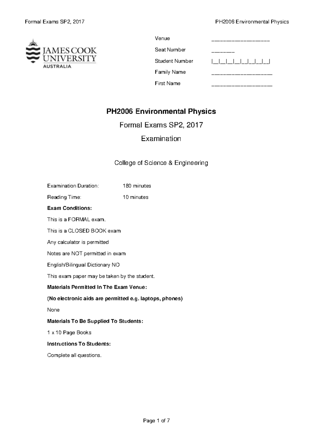 PH2006 Environmental Physics Formal Exam SP2, 2017 - Studocu