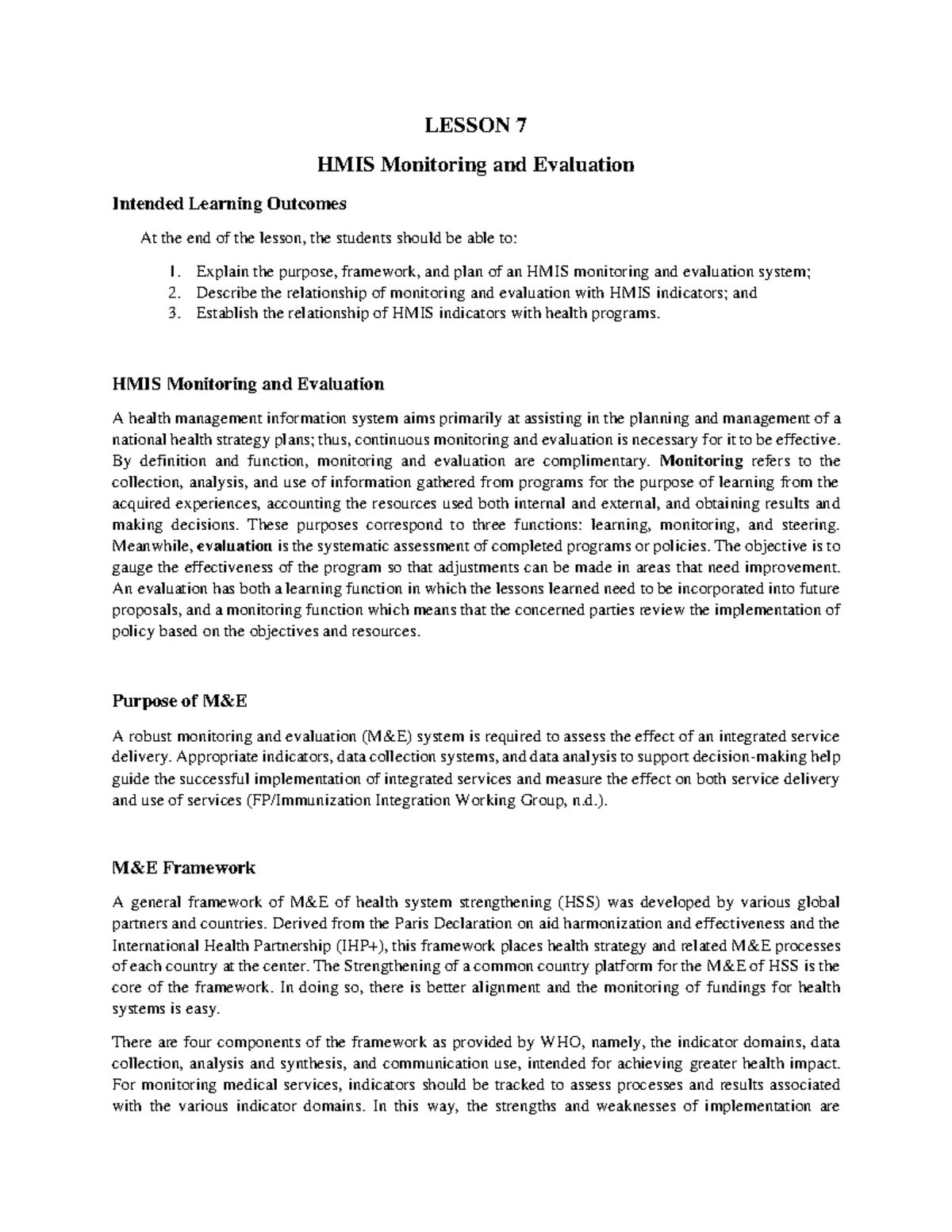 Lesson 7: HMIS Monitoring & Evaluation Framework Insights - Studocu