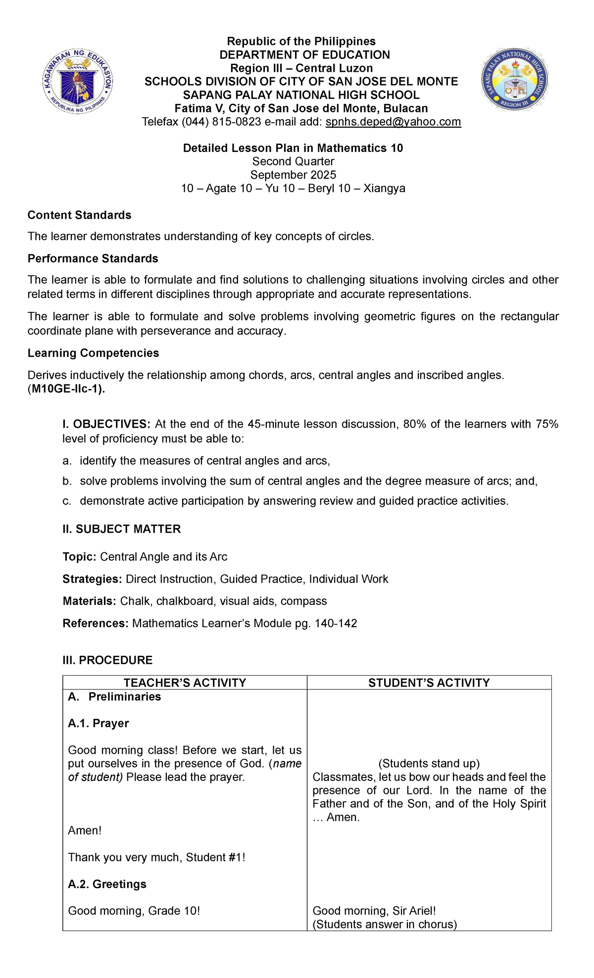Detailed Lesson Plan in Math 10: Central Angles & Arcs - Studocu