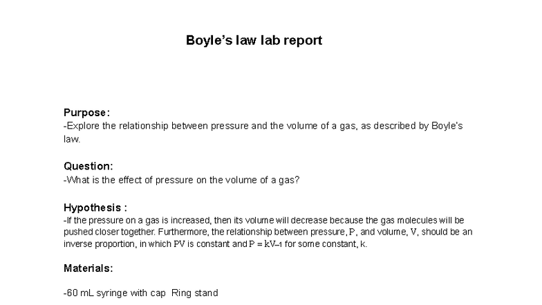 Law Lab Report: Investigating the Pressure-Volume Relationship in Gases - Studocu