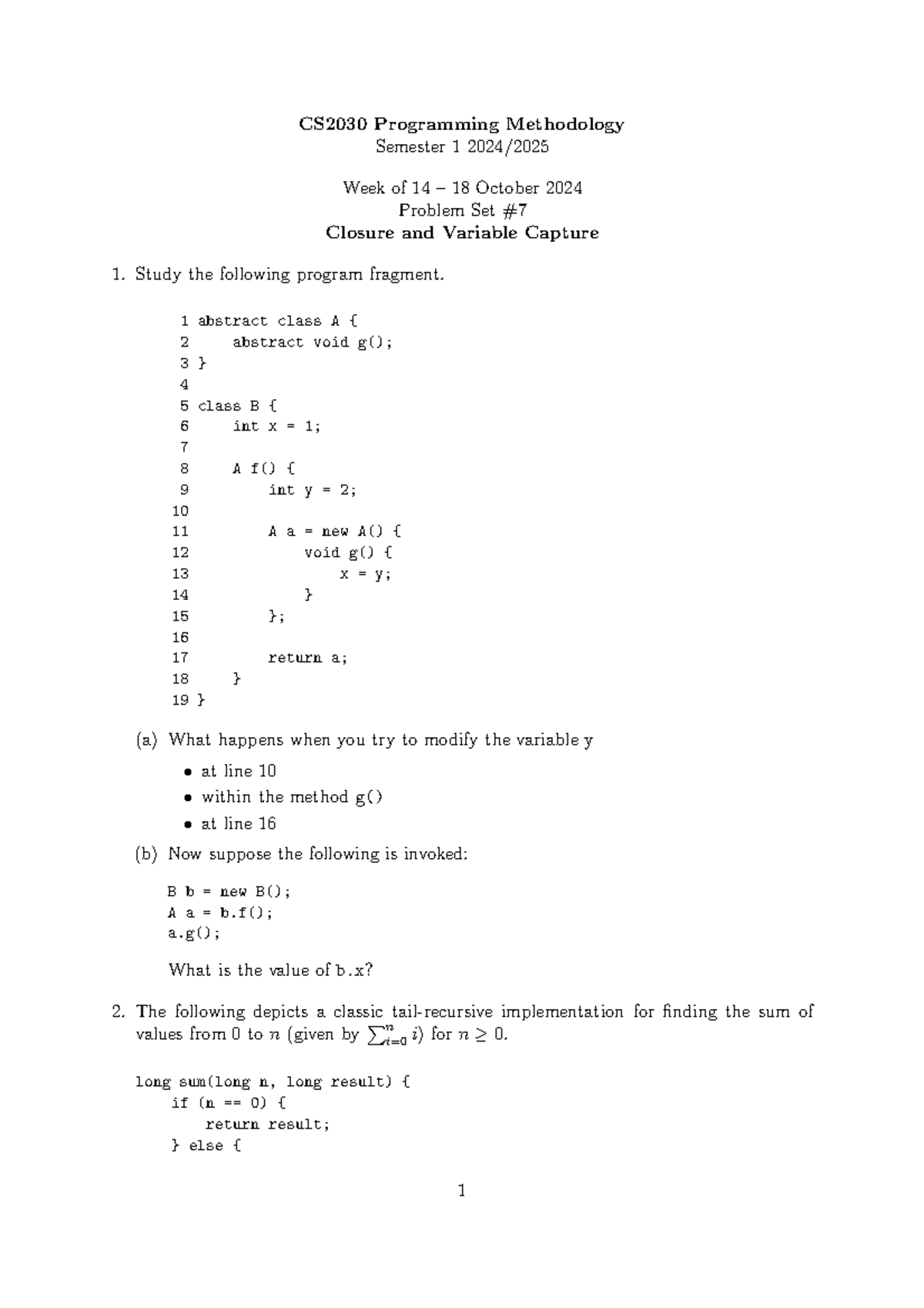 CS2030 Recitation 07: Problem Set on Closure & Variable Capture - Studocu
