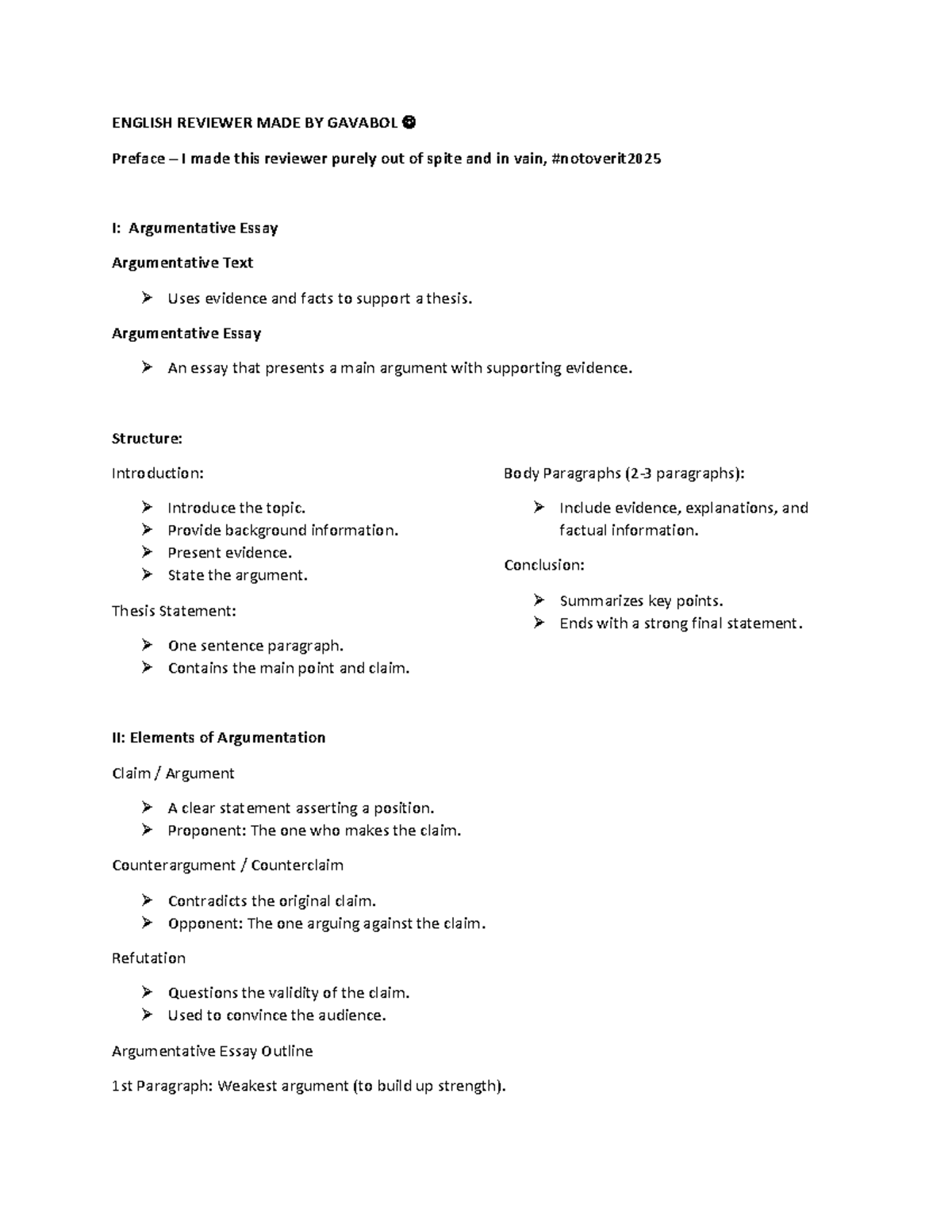 ENG 101: Argumentative Essay & Literary Analysis Reviewer Guide - Studocu