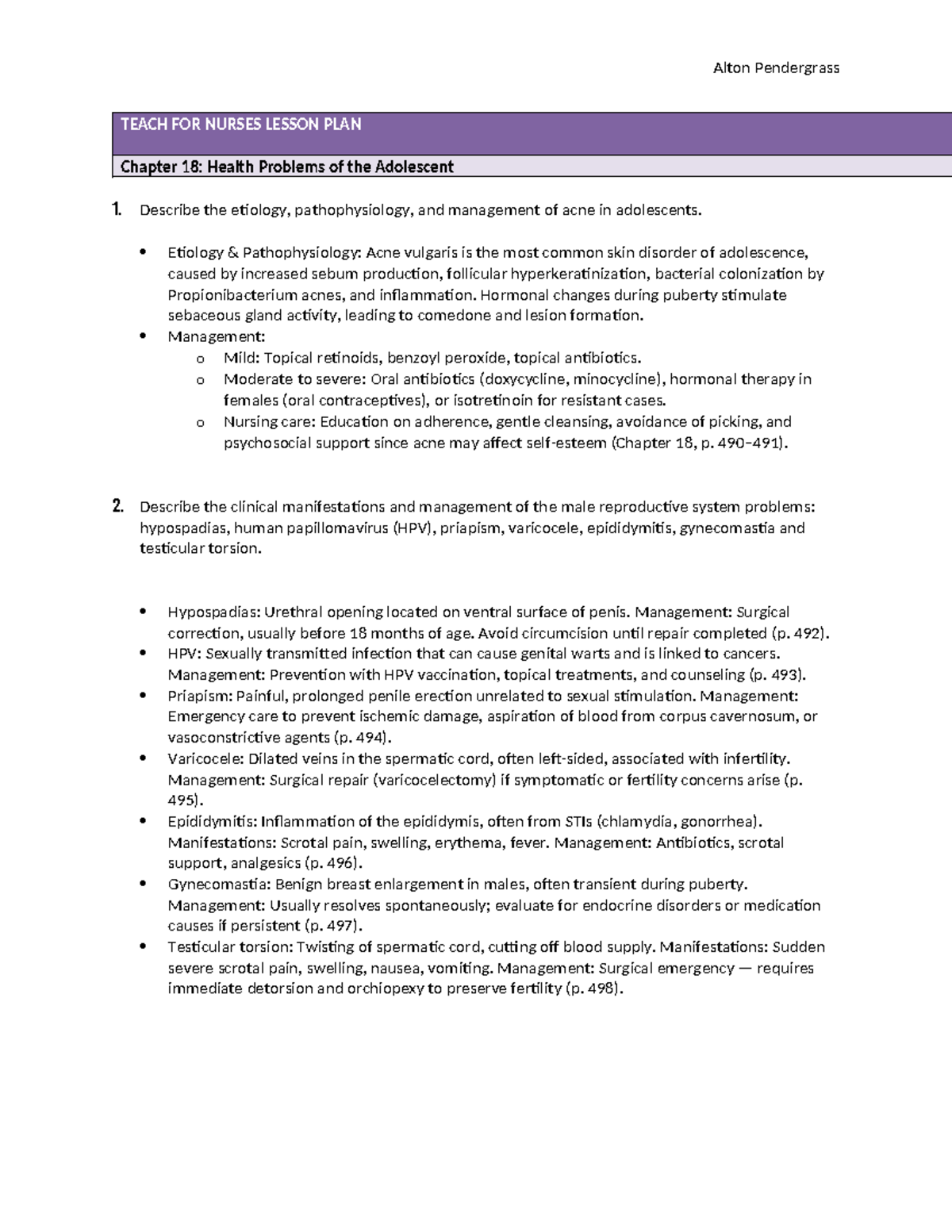 TEACH FOR NURSES Wk 5 CH 18: Adolescent Health Problems & Management ...