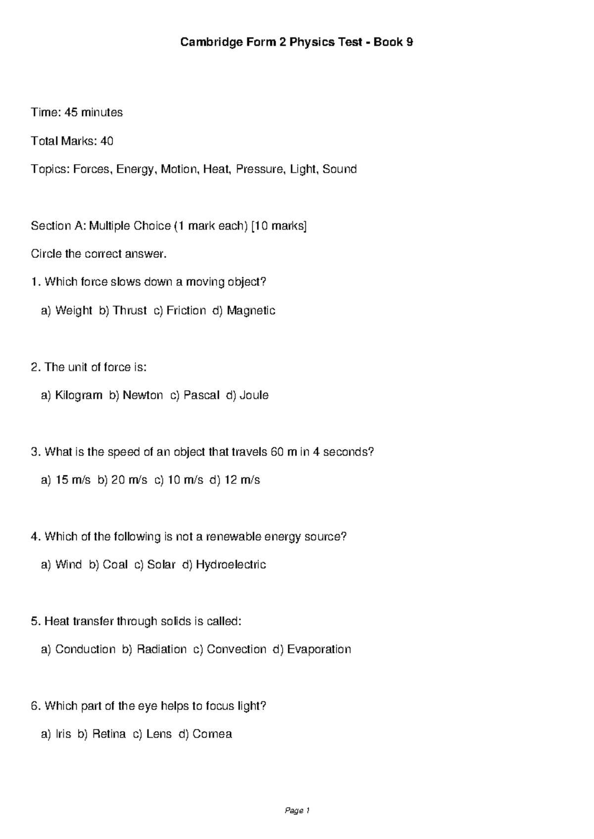 Cambridge Form 2 Physics Test & Answers - Book 9 - Studocu