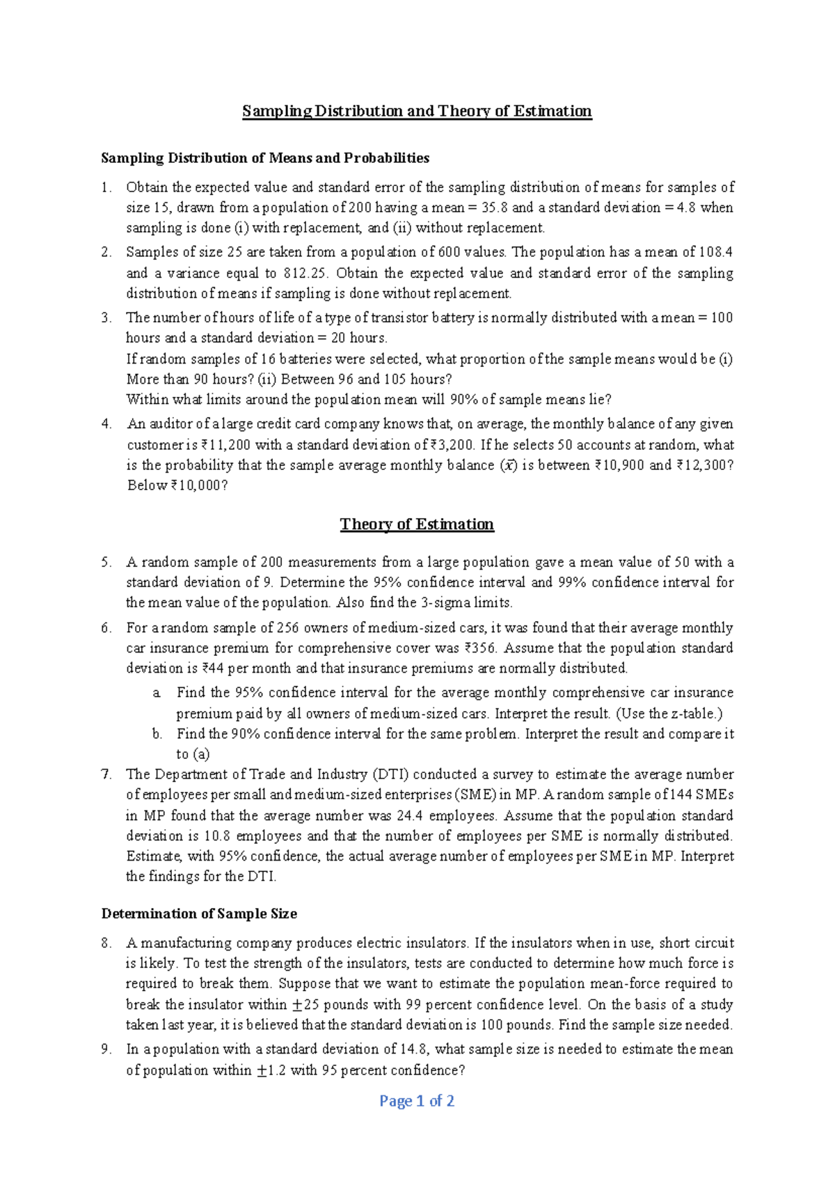 Sampling Distribution & Estimation Theory: Ques for Stats 101 - Studocu
