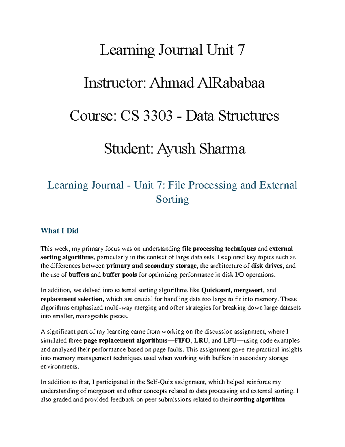Learning Journal Unit 7 Data Structures - Learning Journal Unit 7 Instructor: Ahmad AlRababaa ...