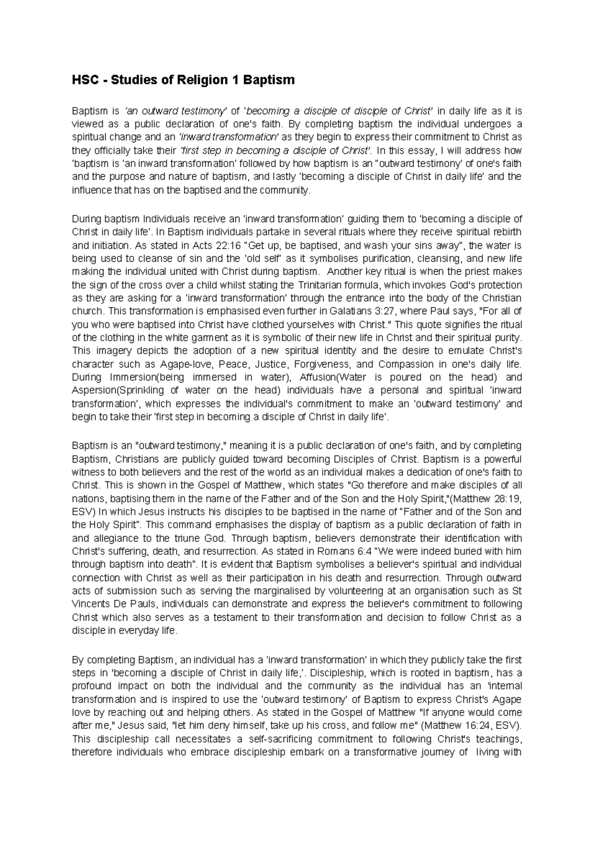 HSC Studies of Religion - Essay on Baptism and Discipleship - Studocu