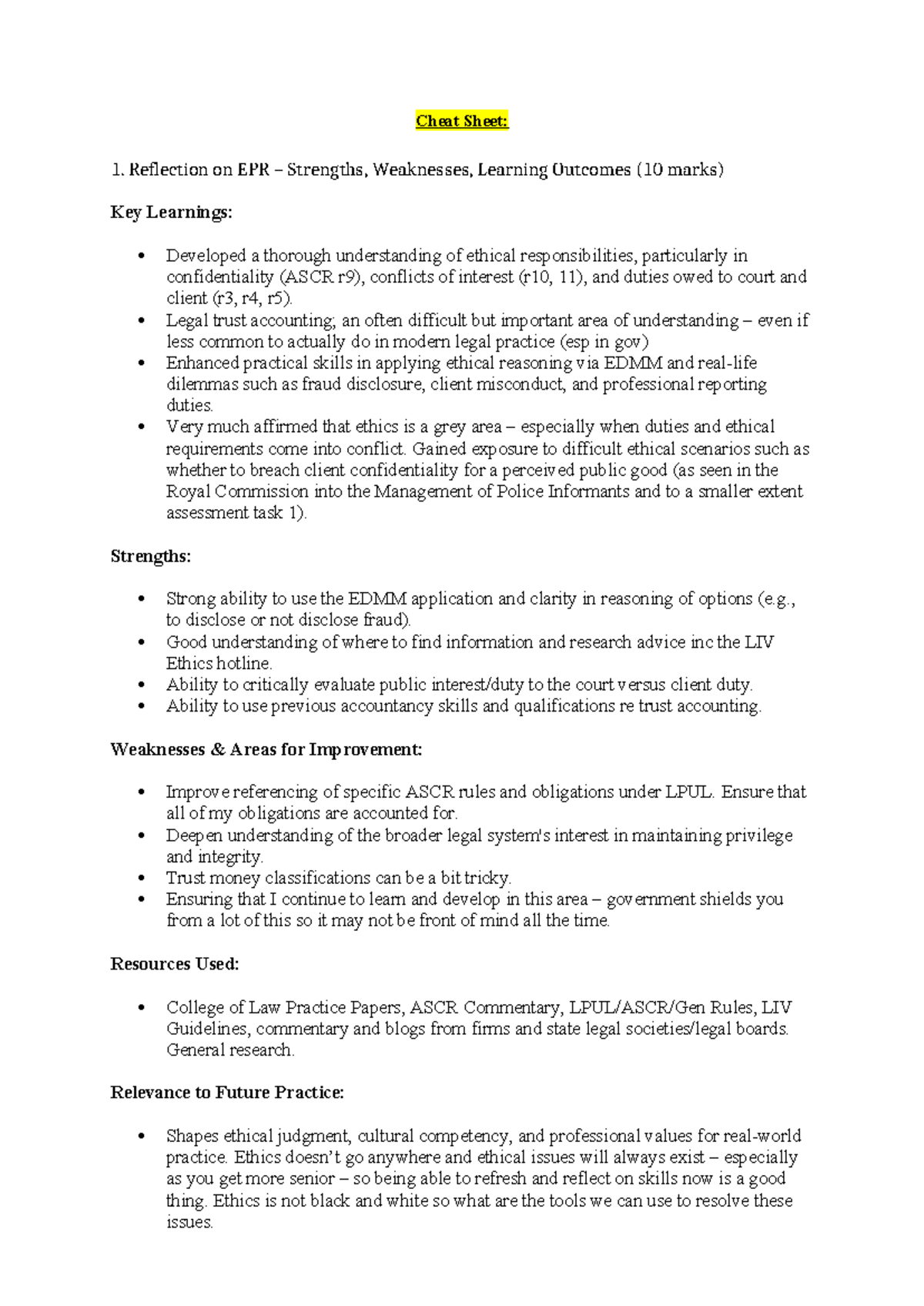 EPR Reflection Cheat Sheet: Strengths, Weaknesses & Learning Outcomes ...