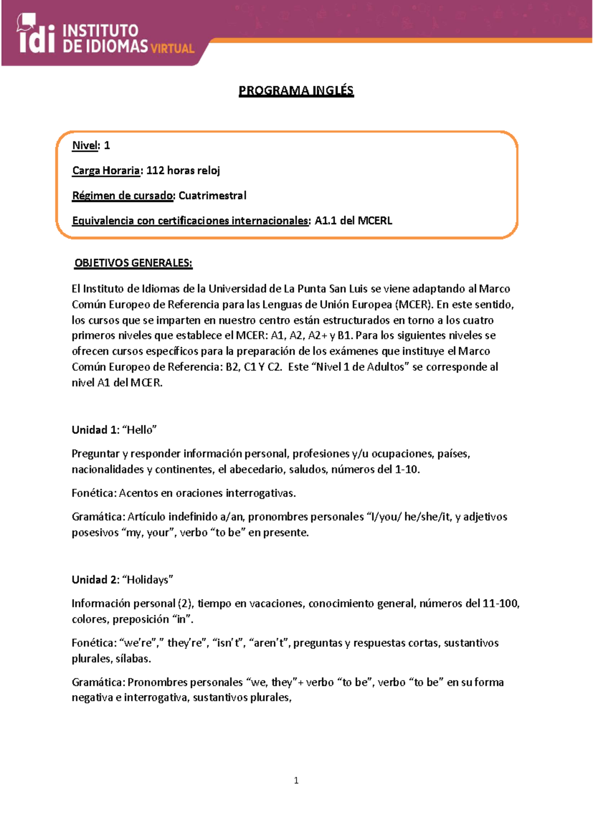Programa Inglés A1.1 - Curso Cuatrimestral de 112 Horas - Studocu