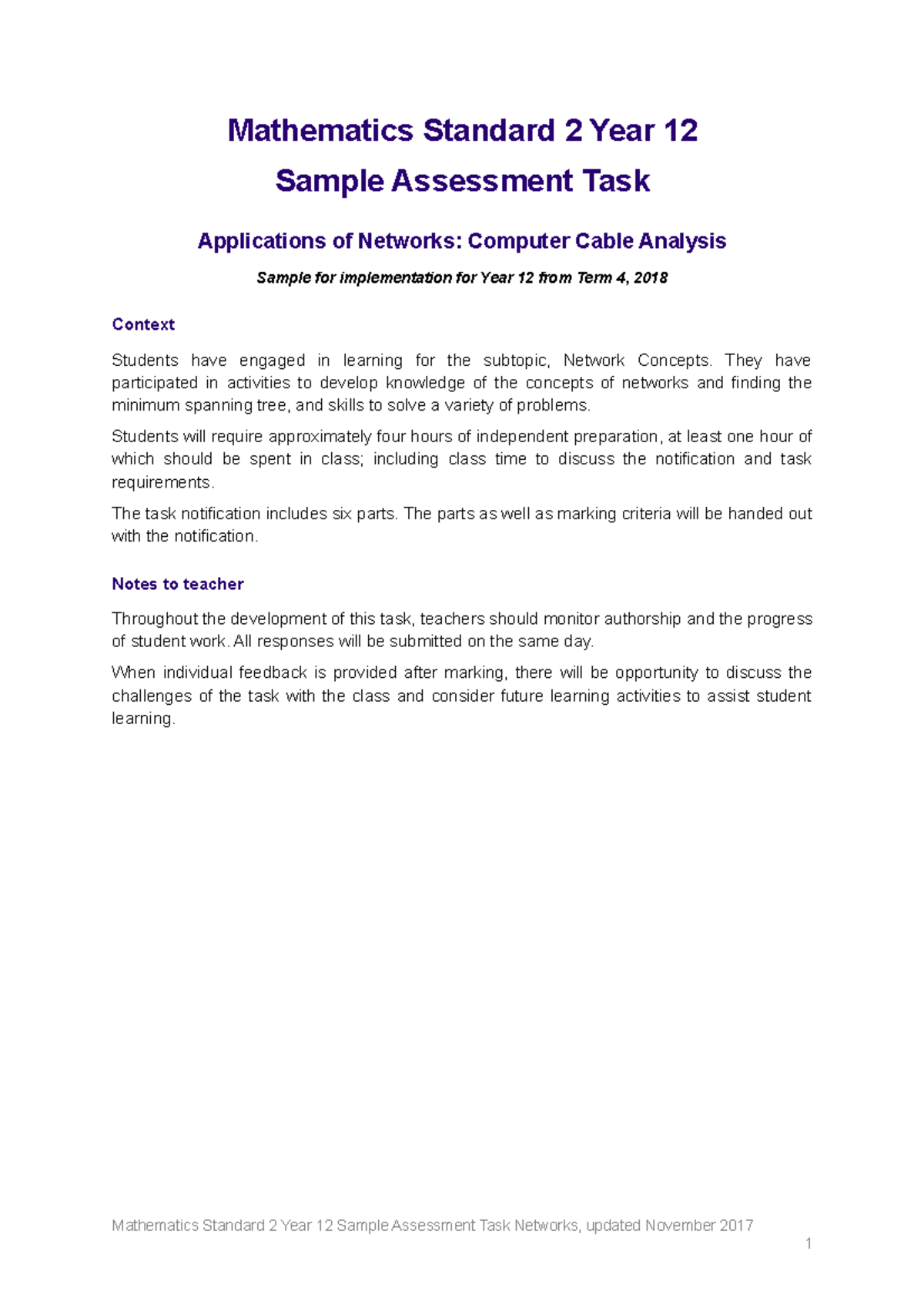 Sample Assessment Task: Year 12 Mathematics Std 2 - Networks Analysis ...