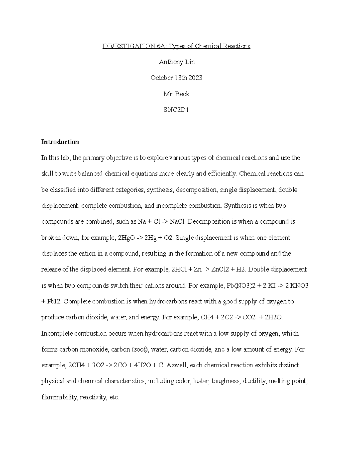 SNC2D - Investigation 6A Lab Report on Chemical Reactions and Equations ...