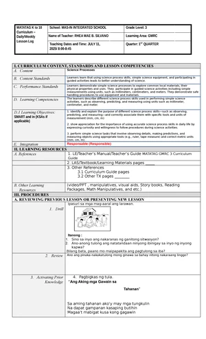 MATATAG K to 10 Curriculum – Grade 3 Daily/Weekly Lesson Log - Studocu