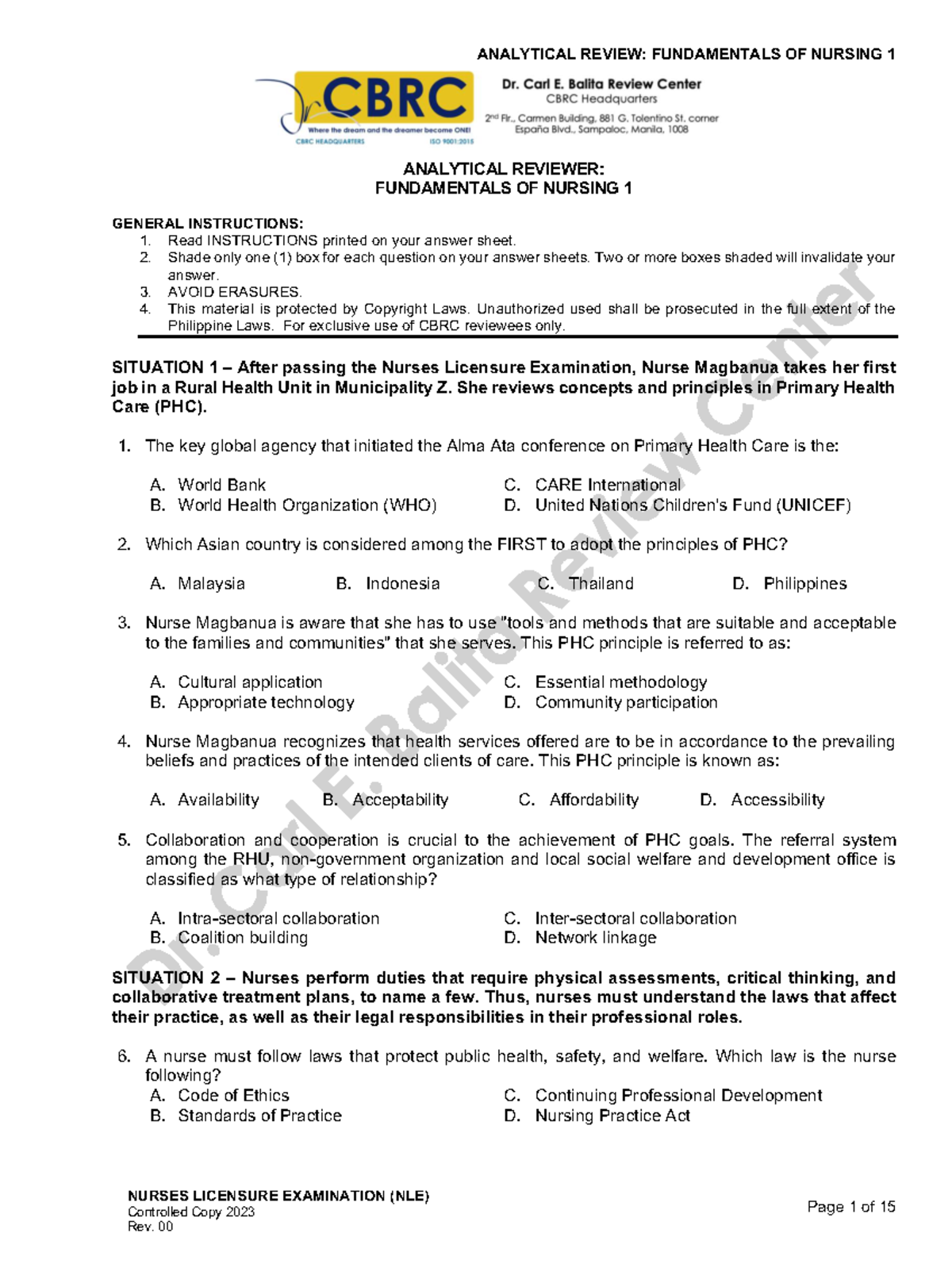 Analytical Reviewer: Fundamentals of Nursing 1 (N2023) - Studocu