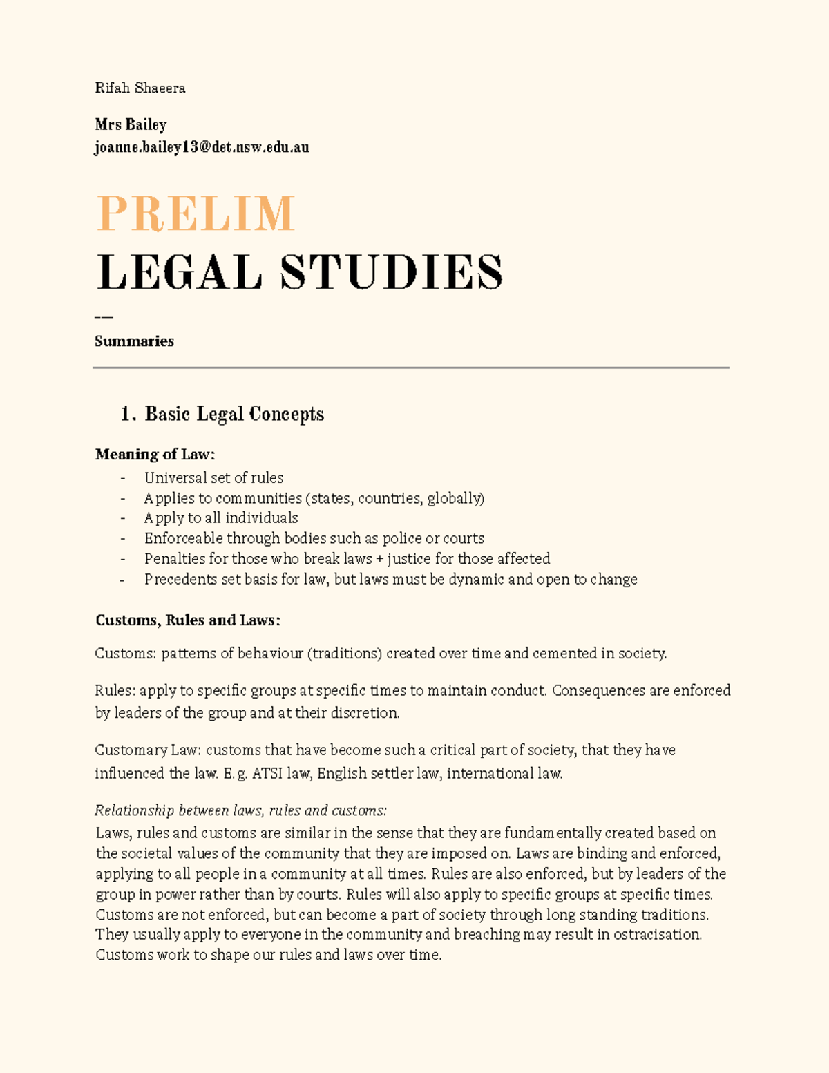 Year 11 Legal Studies Summaries: Key Concepts & Principles - Studocu