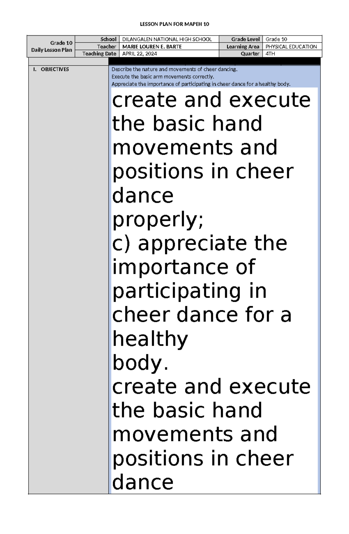Cheer Dance Lesson Plan - MAPEH 10 COT (Grade 10) - Studocu