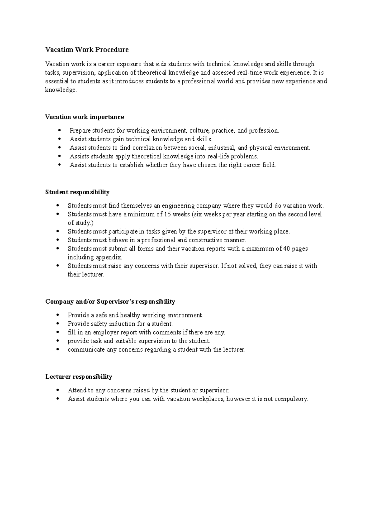 Vacation Work Procedure: Guidelines for Engineering Students - Studocu