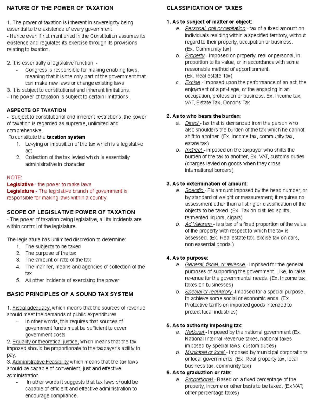 Income taxation notes - NATURE OF THE POWER OF TAXATION The power of ...
