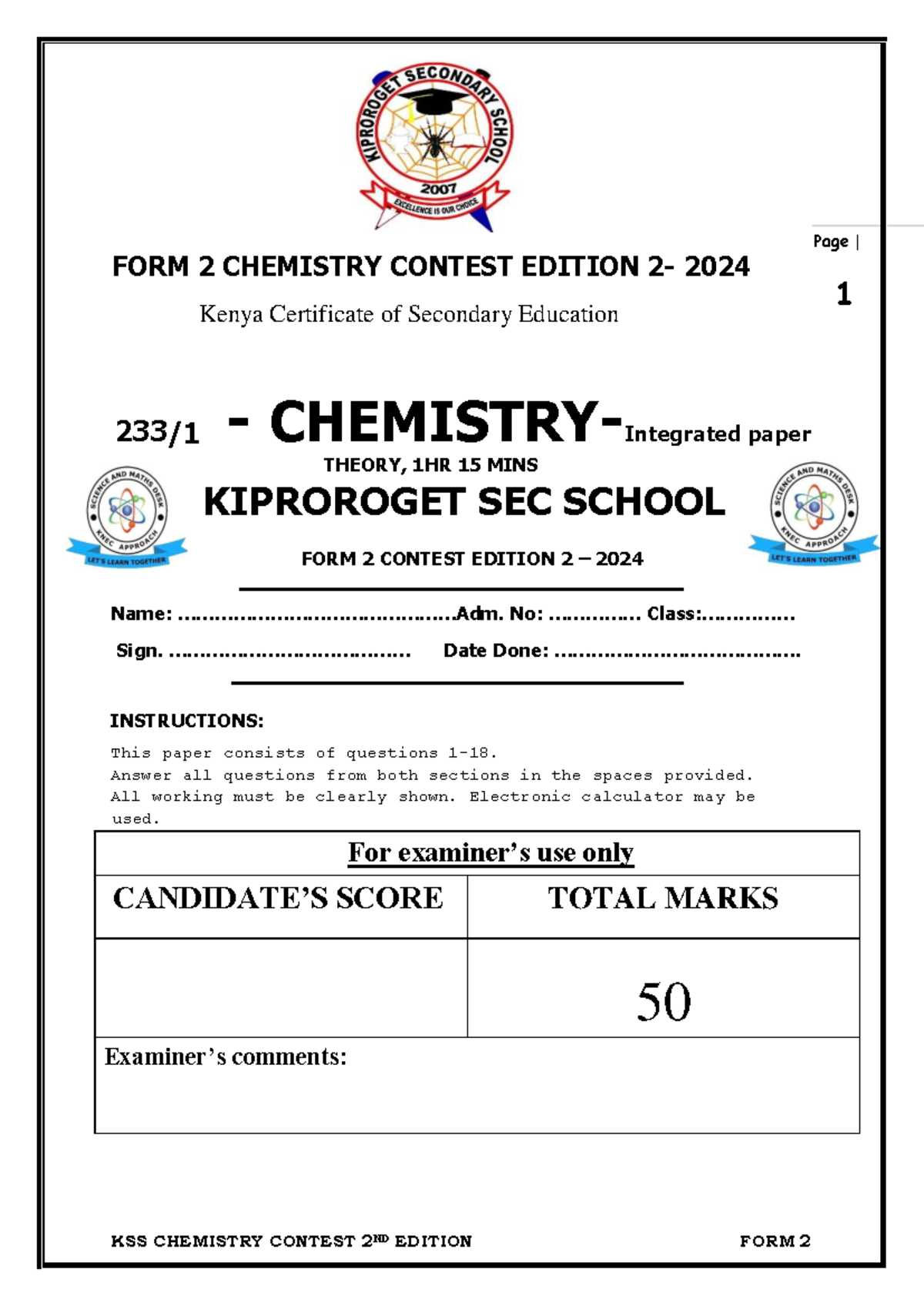 KSS F2 CHEM Contest 2 Edition - Page | 1 FORM 2 CHEMISTRY CONTEST ...
